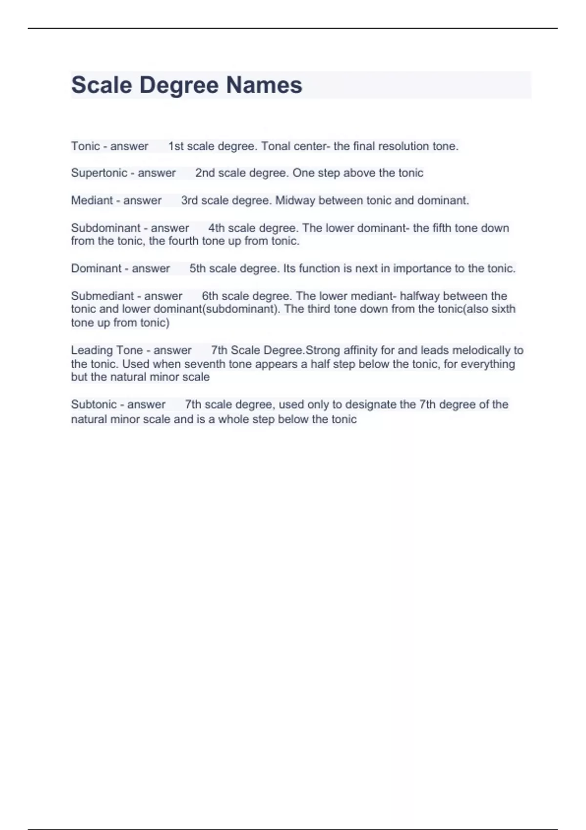 Scale Degree Names Questions with correct Answers 2023 - Degree - Stuvia US