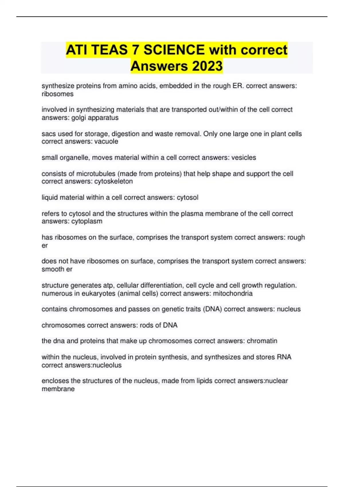 ATI TEAS 7 SCIENCE with correct Answers 2023 - ATI TEAS 7 SCIENCE ...