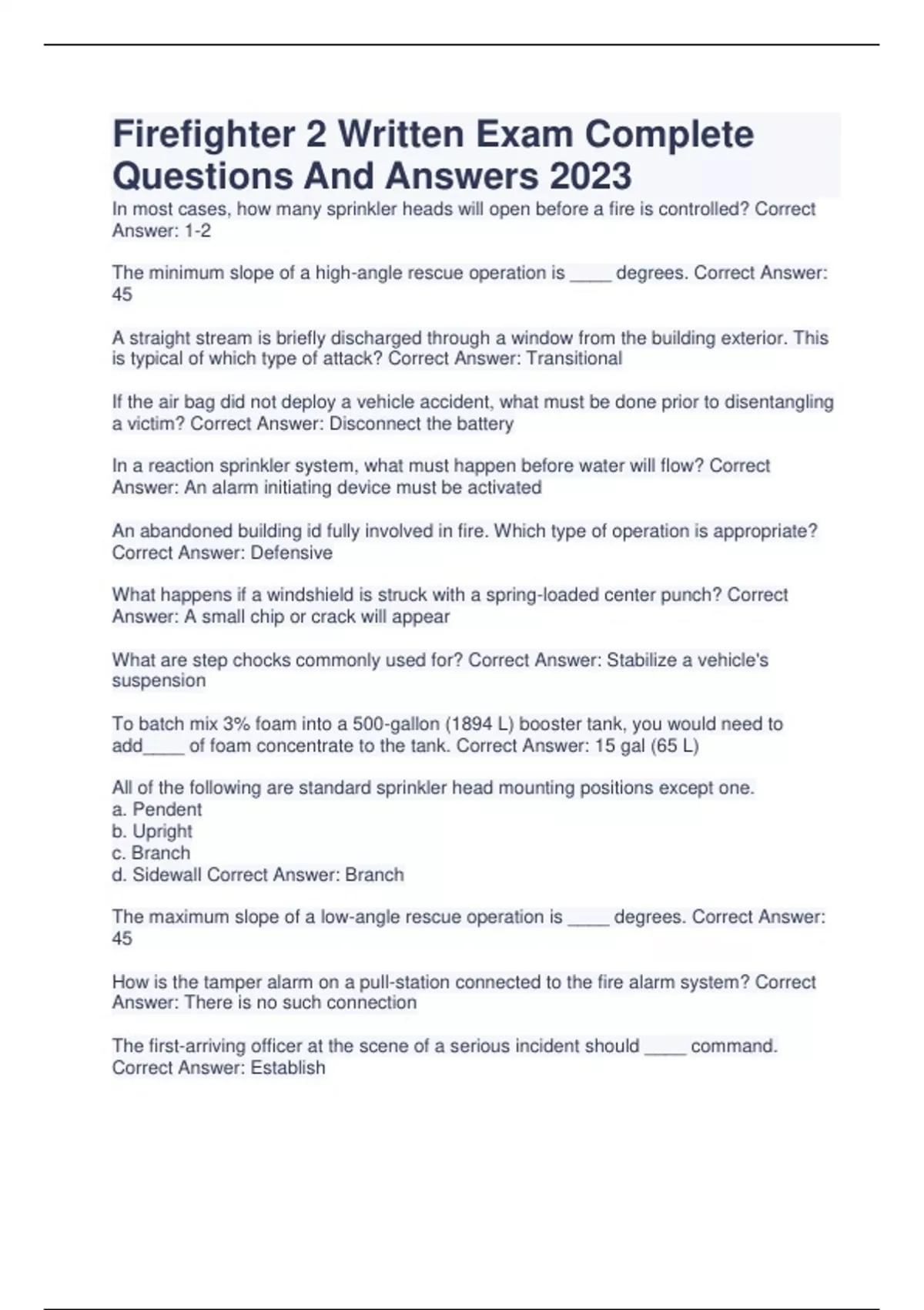 Firefighter 2 Written Exam Complete Questions And Answers 2023 ...