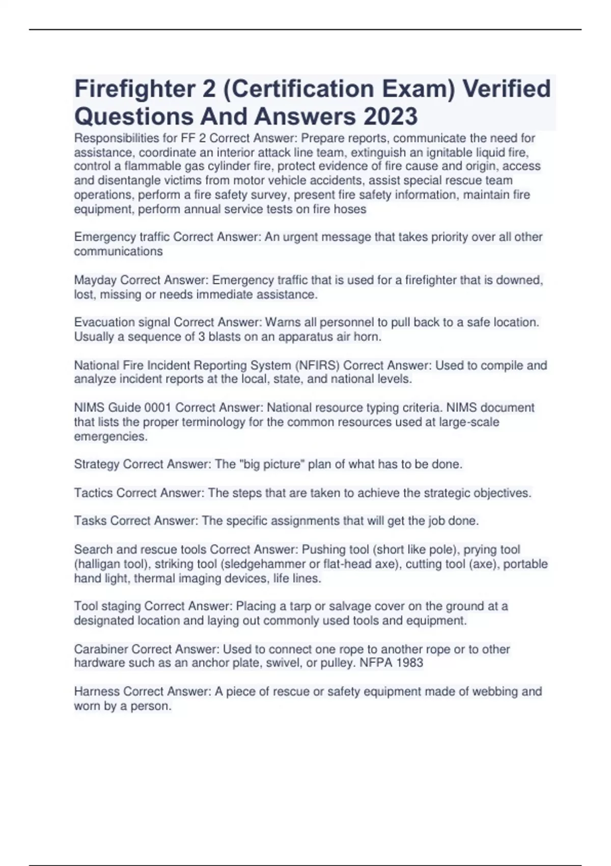 Firefighter 2 (Certification Exam) Verified Questions And Answers 2023 - Firefighter 2 - Stuvia US