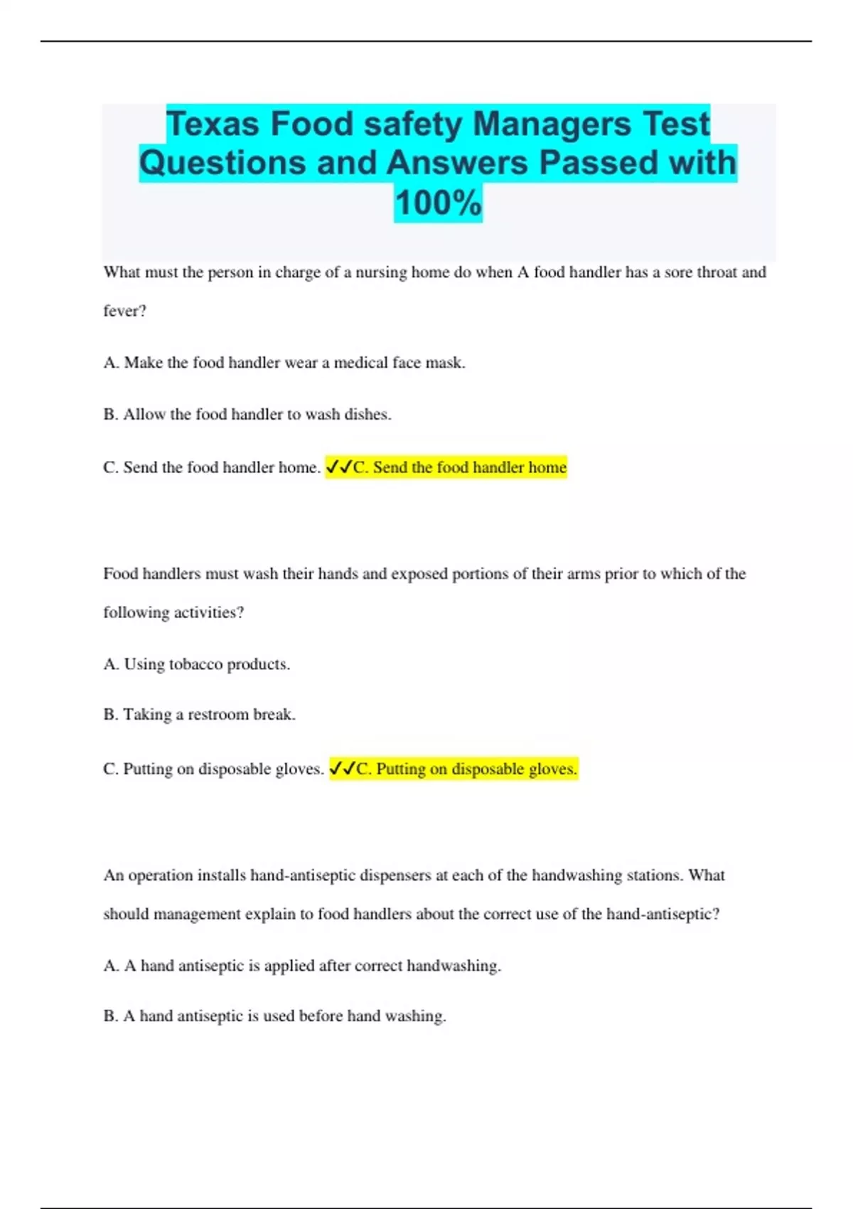 Texas Food safety Managers Test Questions and Answers Passed with 100% ...