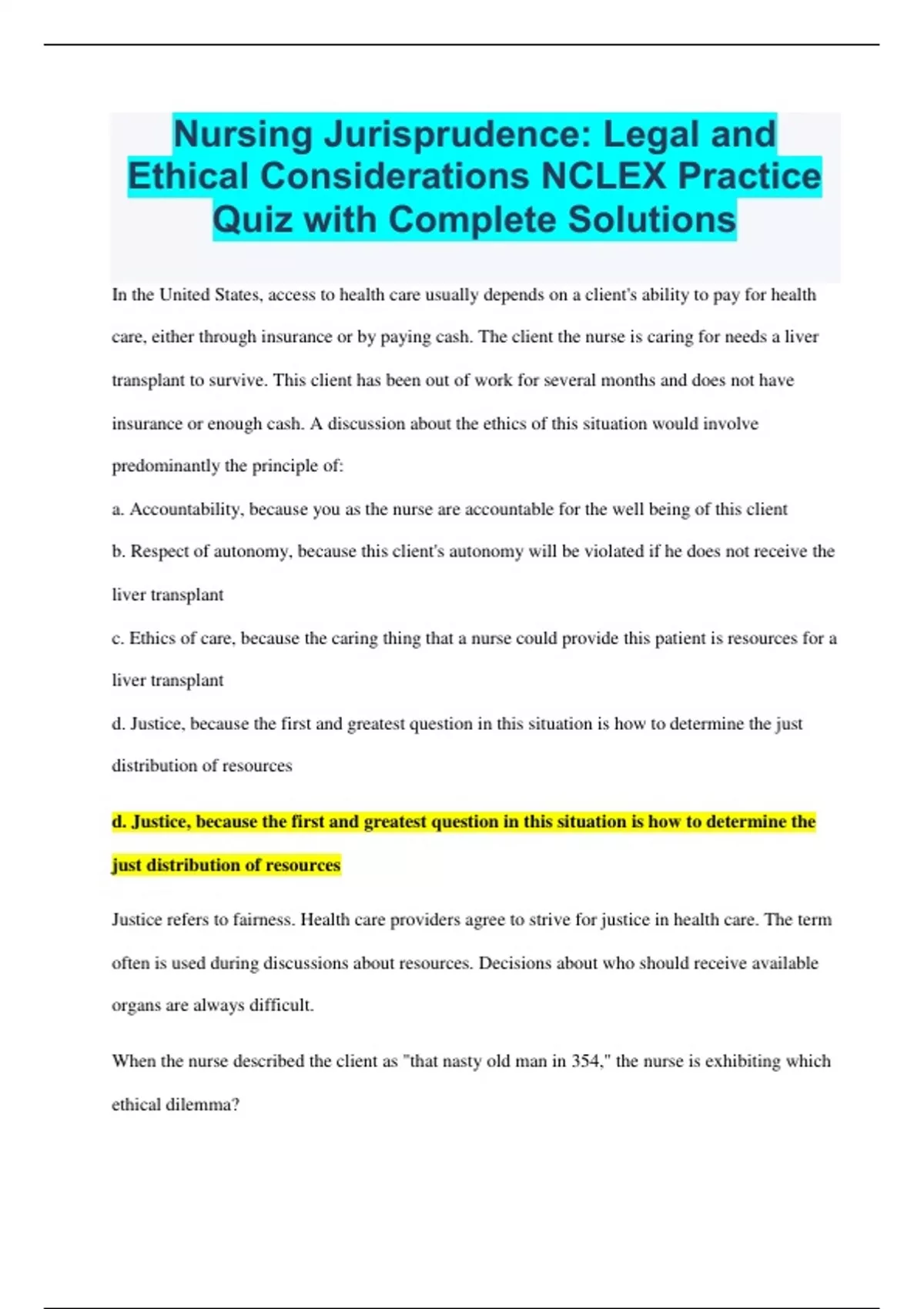 Nursing Jurisprudence: Legal and Ethical Considerations NCLEX Practice ...