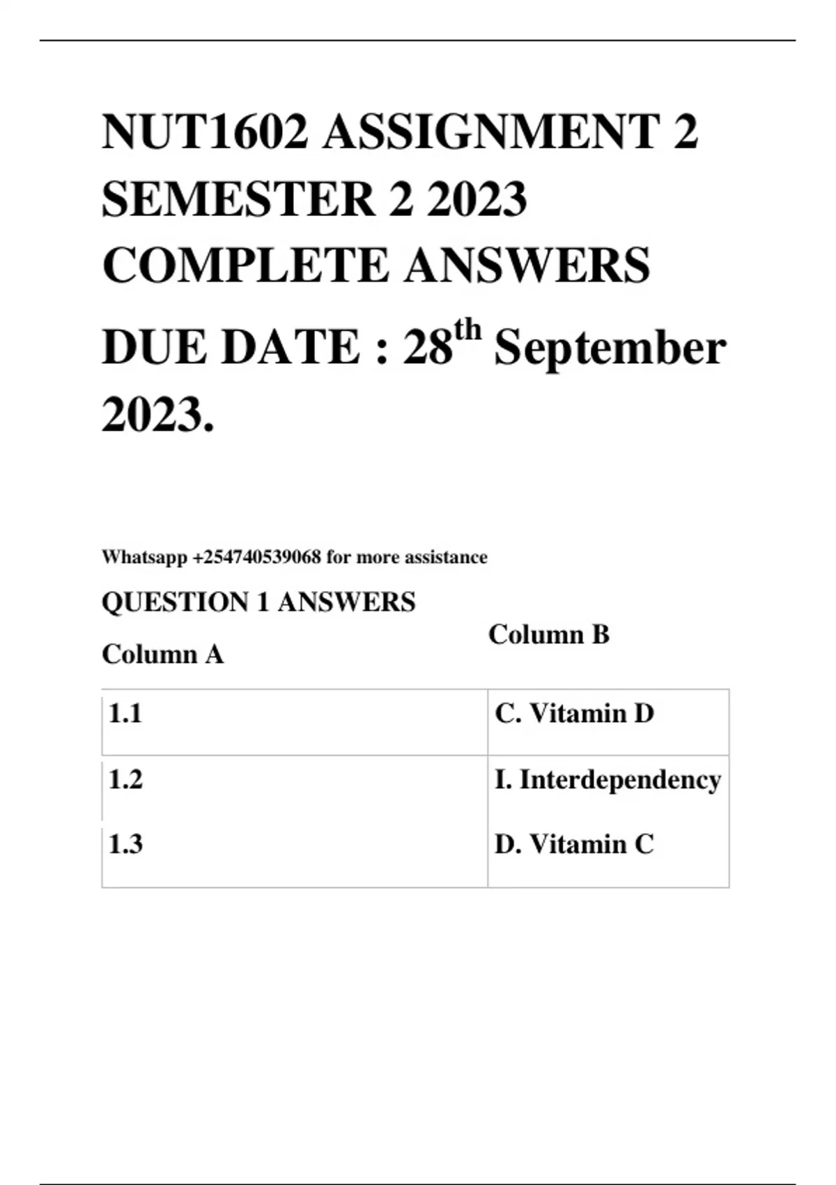 NUT1602 ASSIGNMENT 2 SEMESTER 2 2023 COMPLETE ANSWERS DUE DATE : 28th ...
