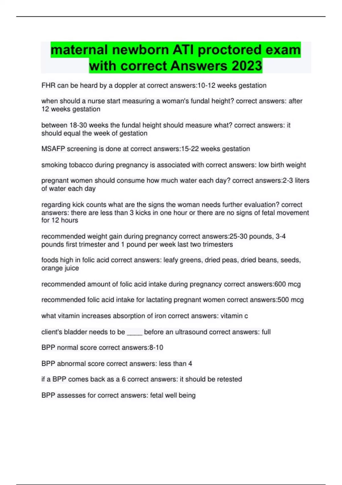 maternal newborn ATI proctored exam with correct Answers 2023 - ATI PN MATERNAL - Stuvia US