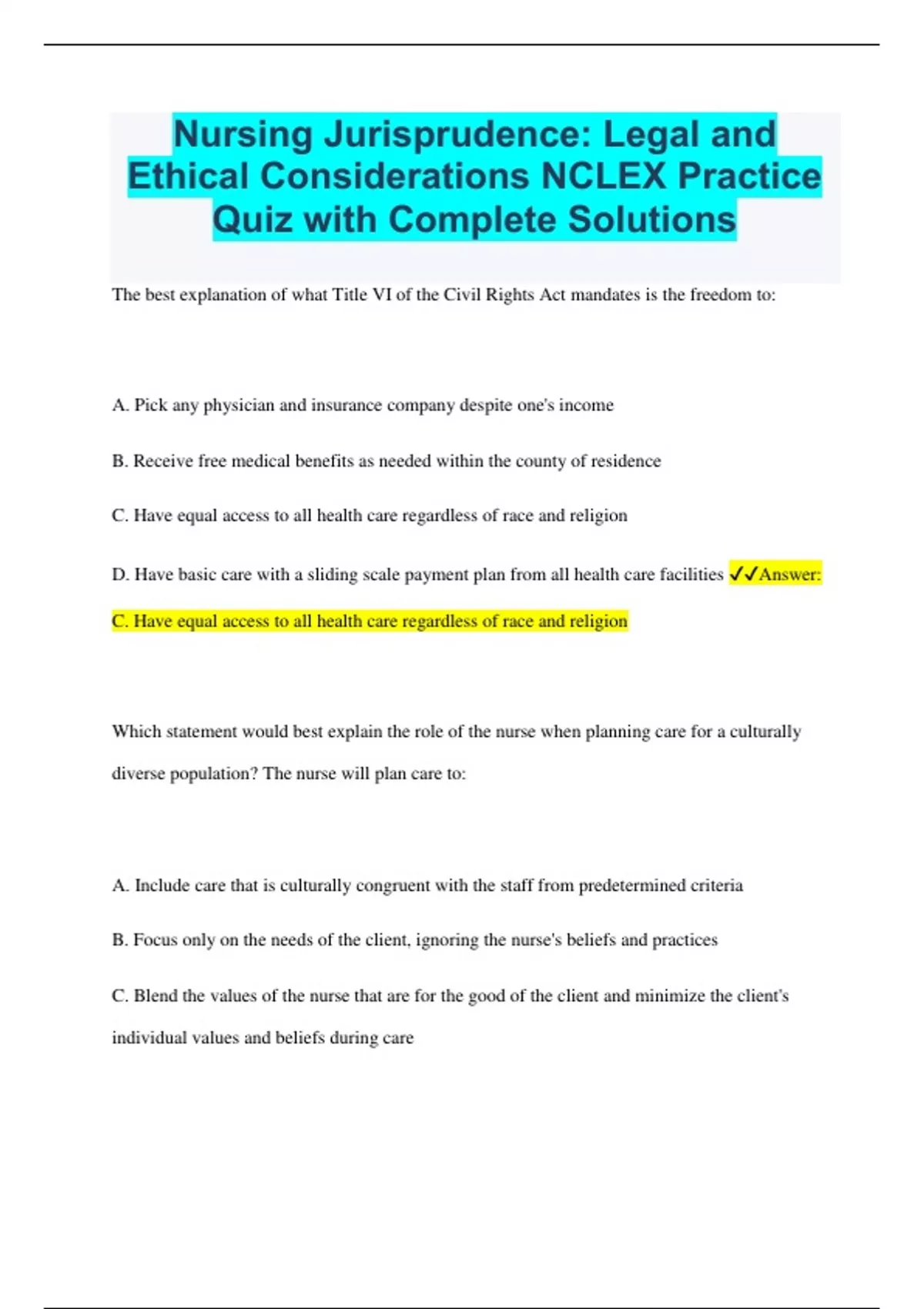 Nursing Jurisprudence: Legal and Ethical Considerations NCLEX Practice ...