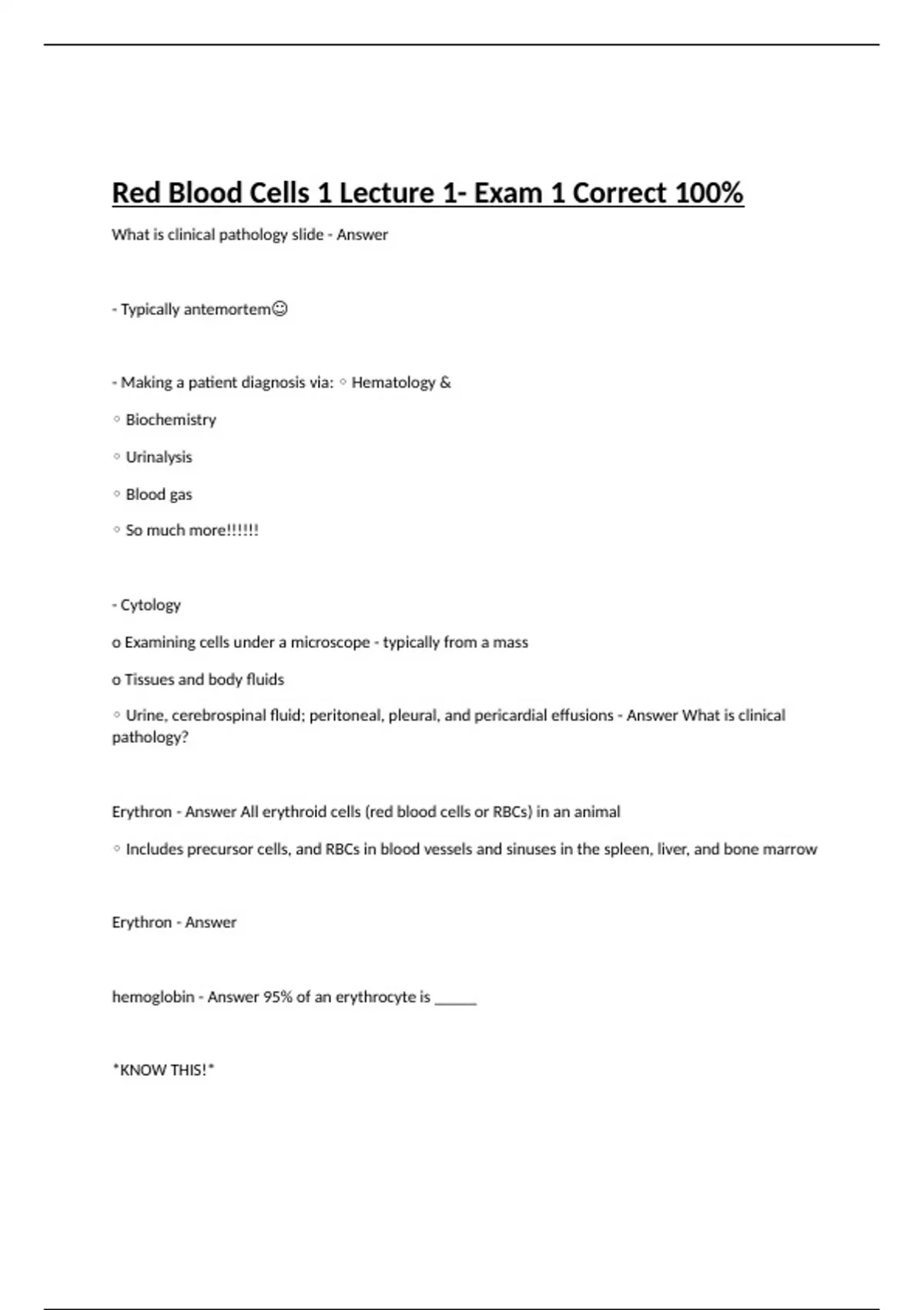 Red Blood Cells 1 Lecture 1- Exam 1 Correct 100% - RBC - Stuvia US