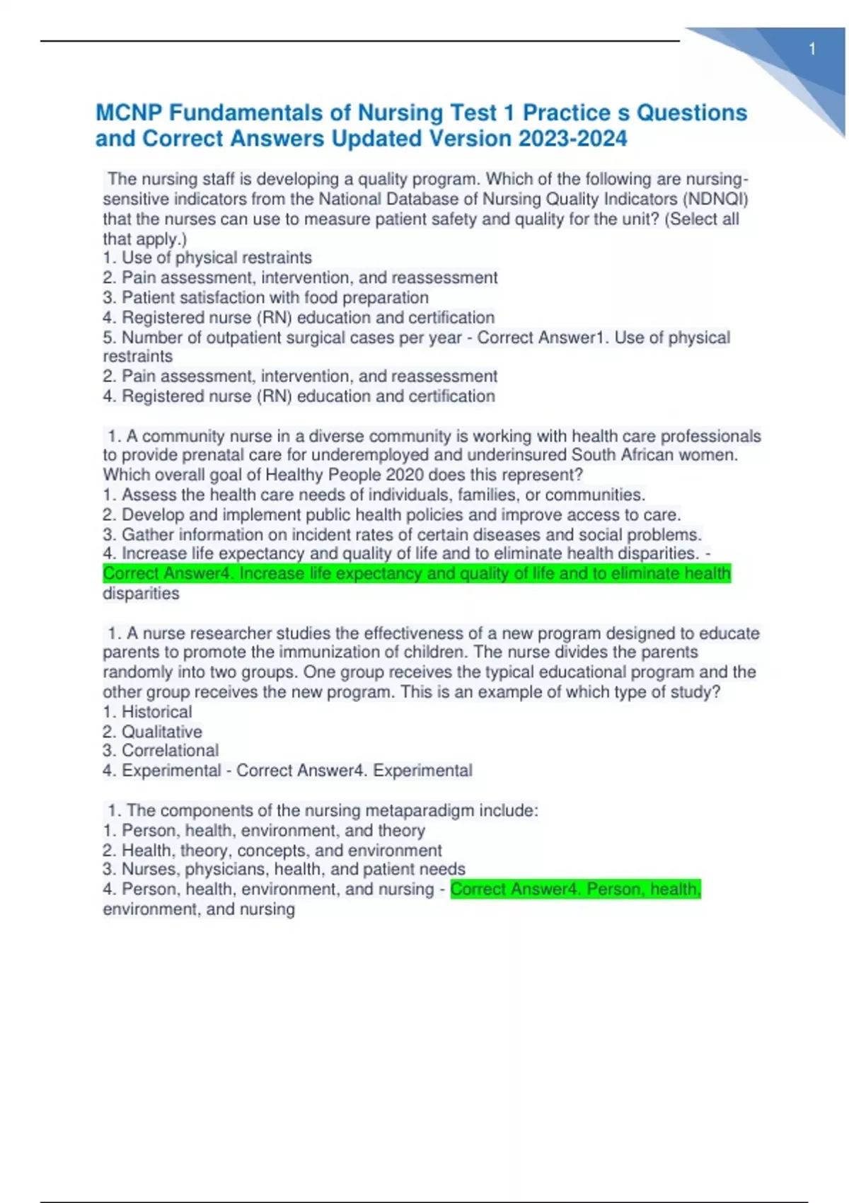 MCNP Fundamentals of Nursing Test 1 Practices Questions and Correct ...
