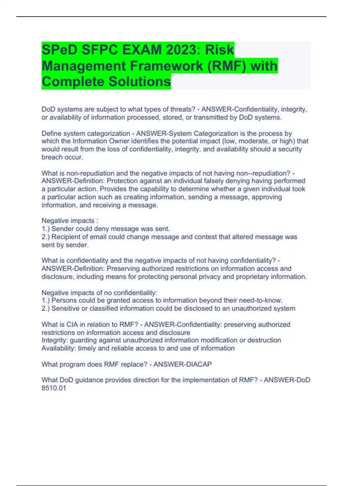 Sped Sfpc Exam 2023 Risk Management Framework Rmf With Complete Solutions Sped Sfpc Stuvia Us