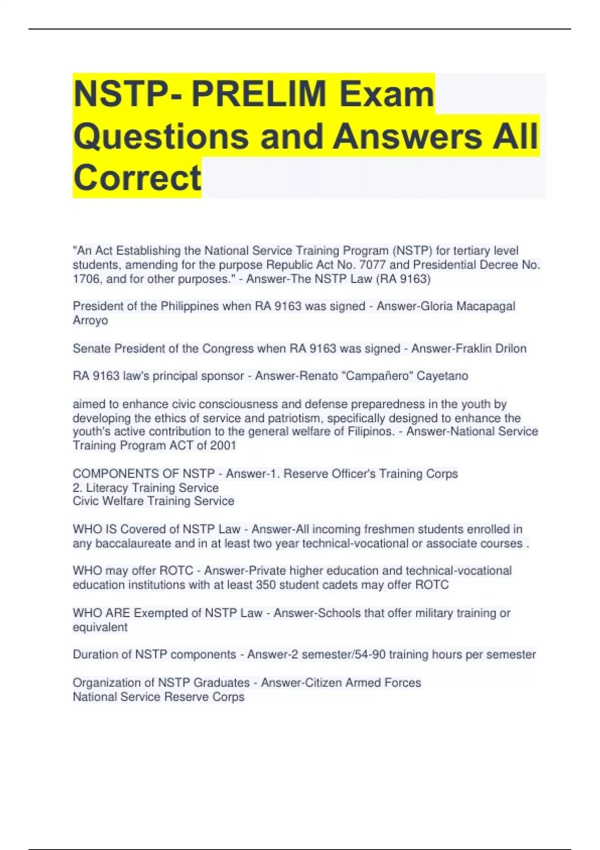 NSTP- PRELIM Exam Questions and Answers All Correct - NSTP- PRELIM - Stuvia US