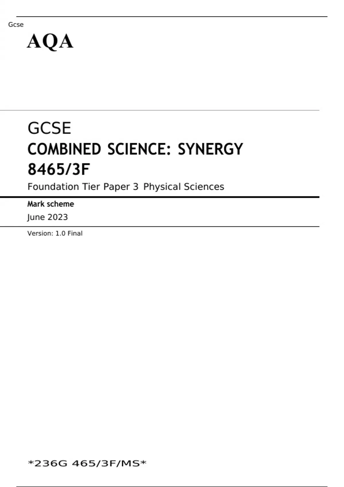 AQA GCSE COMBINED SCIENCE SYNERGY Foundation Tier Paper 3 JUNE 2023 ...