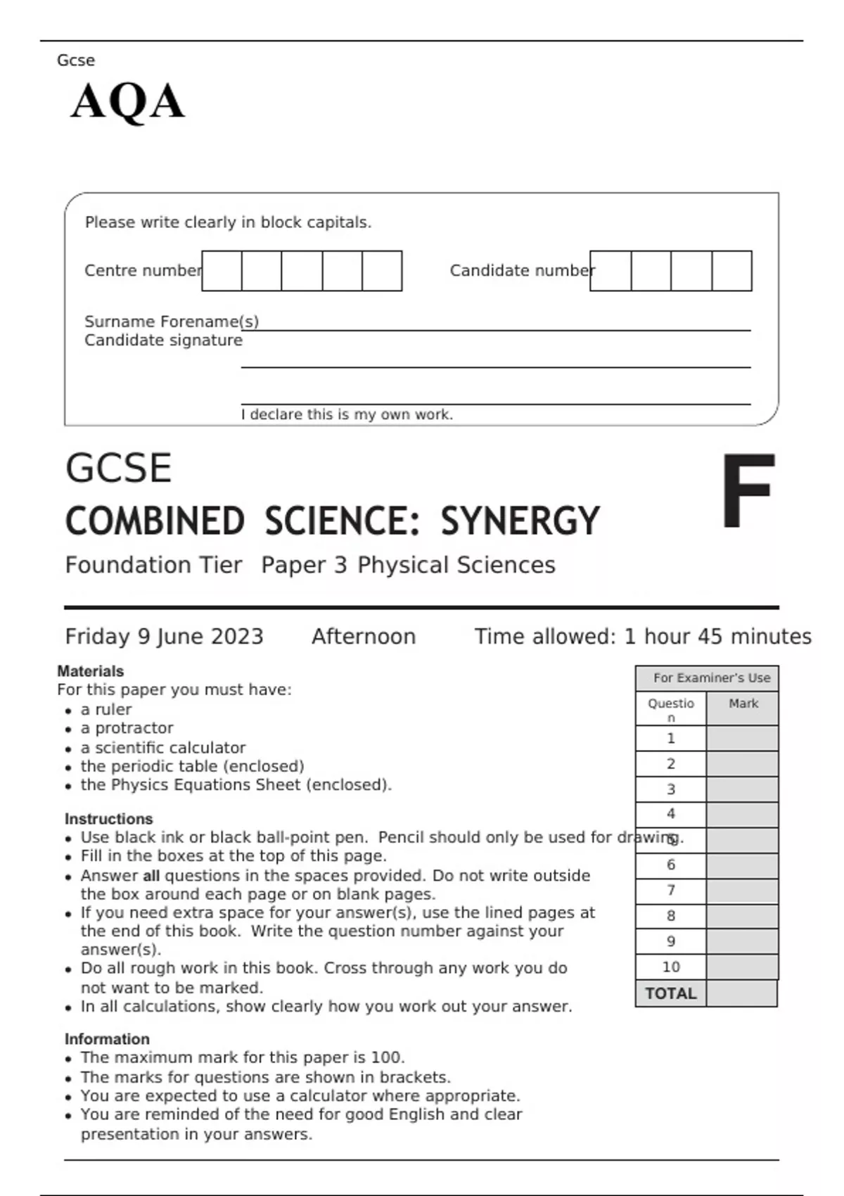 AQA GCSE COMBINED SCIENCE SYNERGY Foundation Tier Paper 3 JUNE 2023 ...