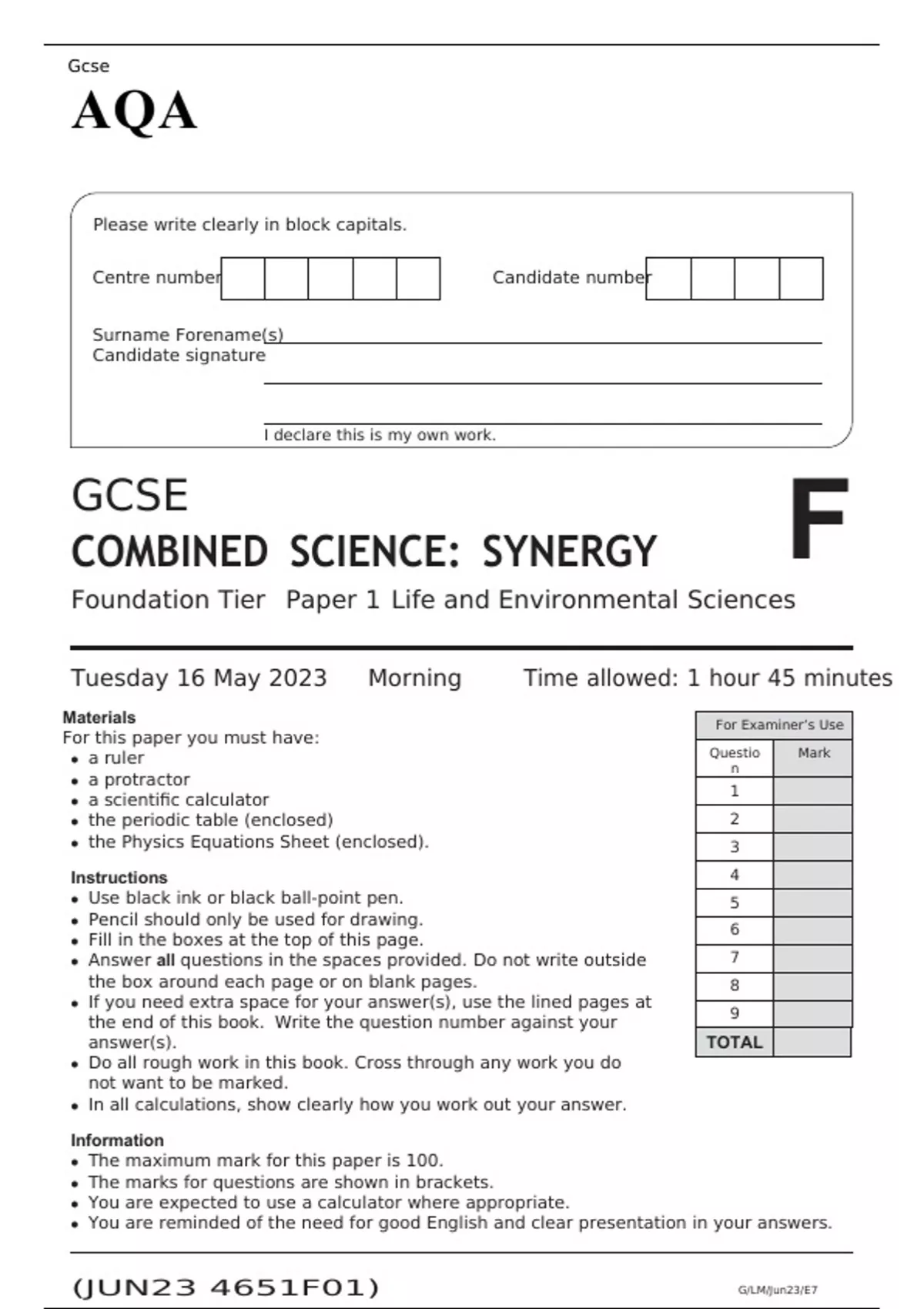 AQA GCSE COMBINED SCIENCE SYNERGY Foundation Tier Paper 1 JUNE 2023 ...