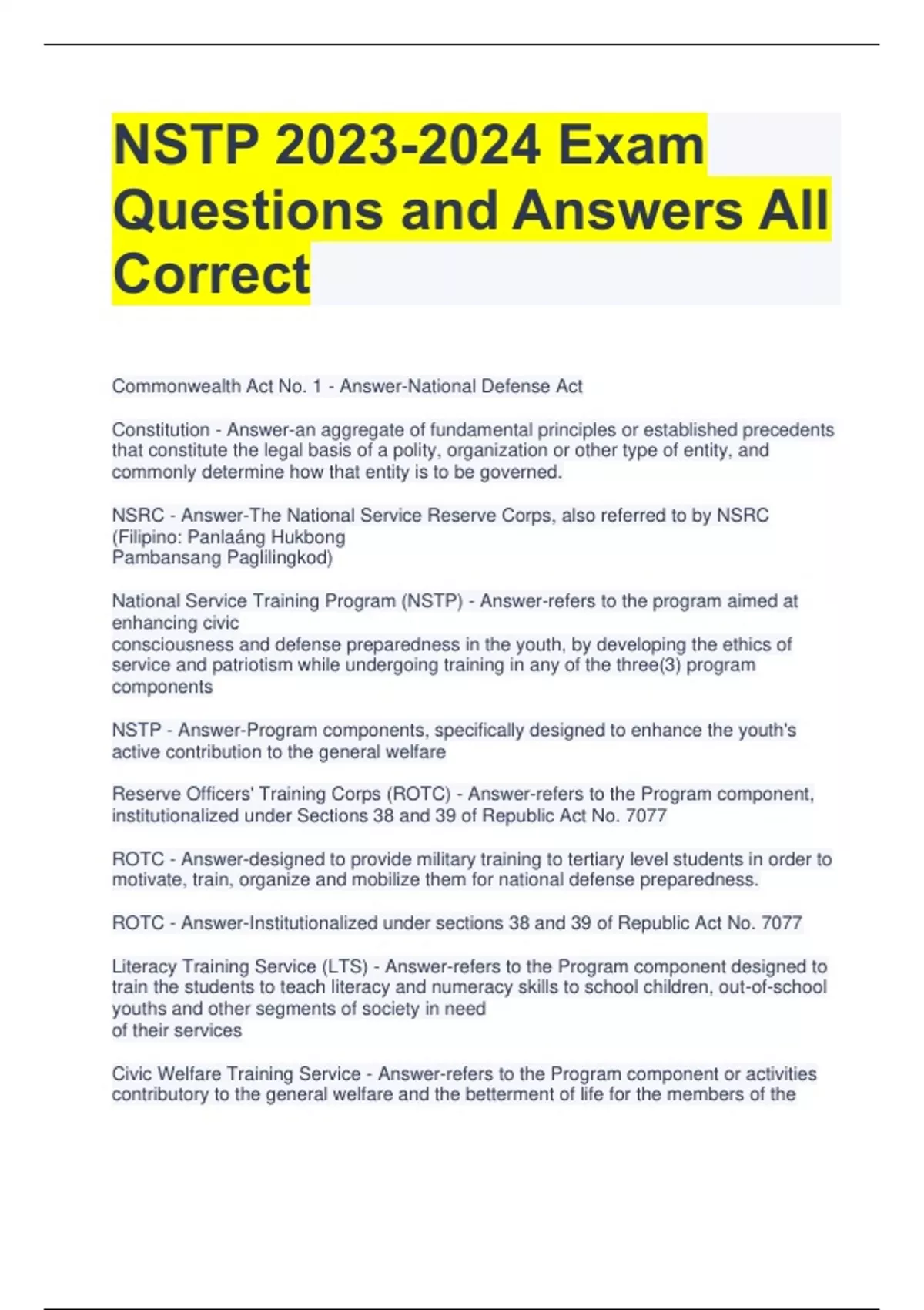 NSTP Exam Questions and Answers All Correct - NSTP - Stuvia US