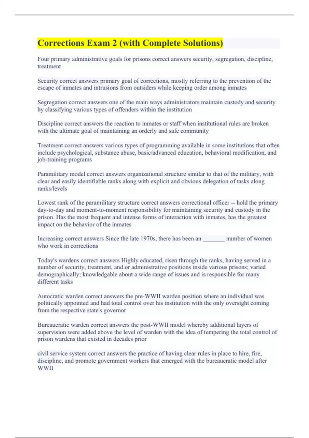 Corrections Exam 2 (with Complete Solutions) - Jailor - Stuvia US