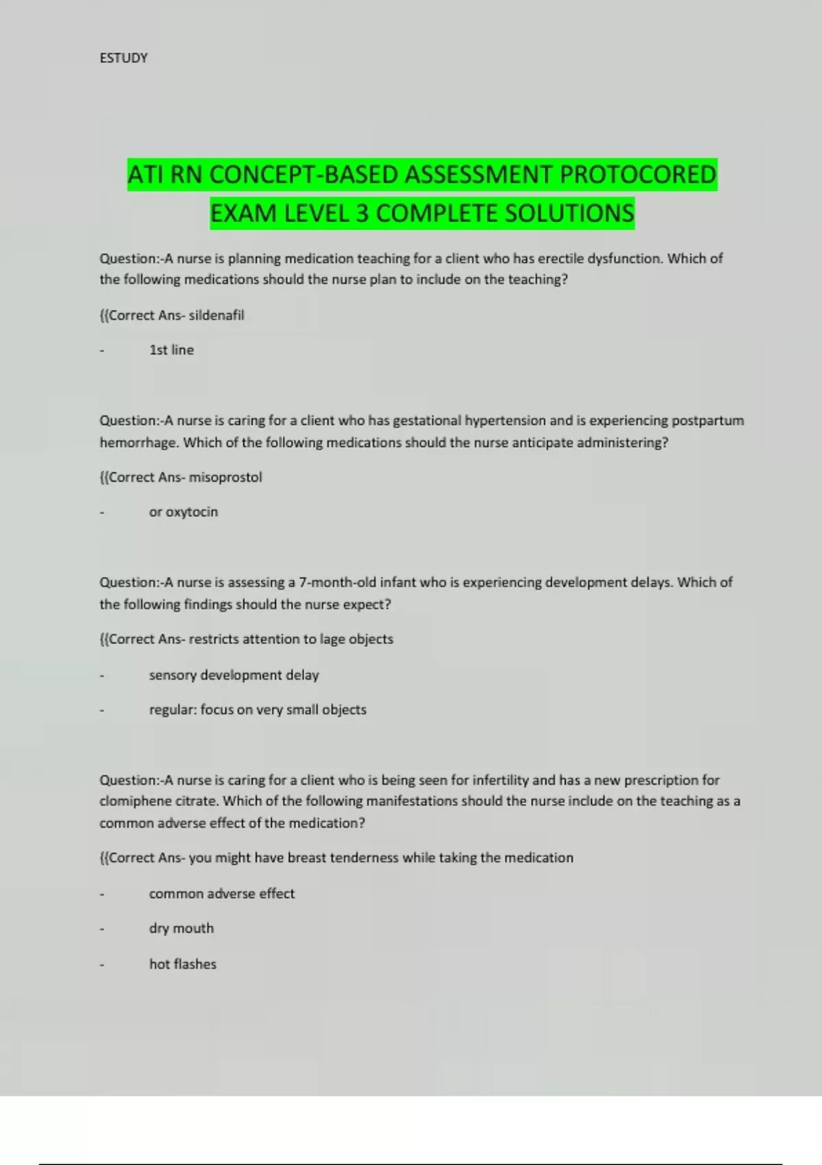 ATI RN CONCEPT-BASED ASSESSMENT PROTOCORED EXAM LEVEL 3 COMPLETE ...