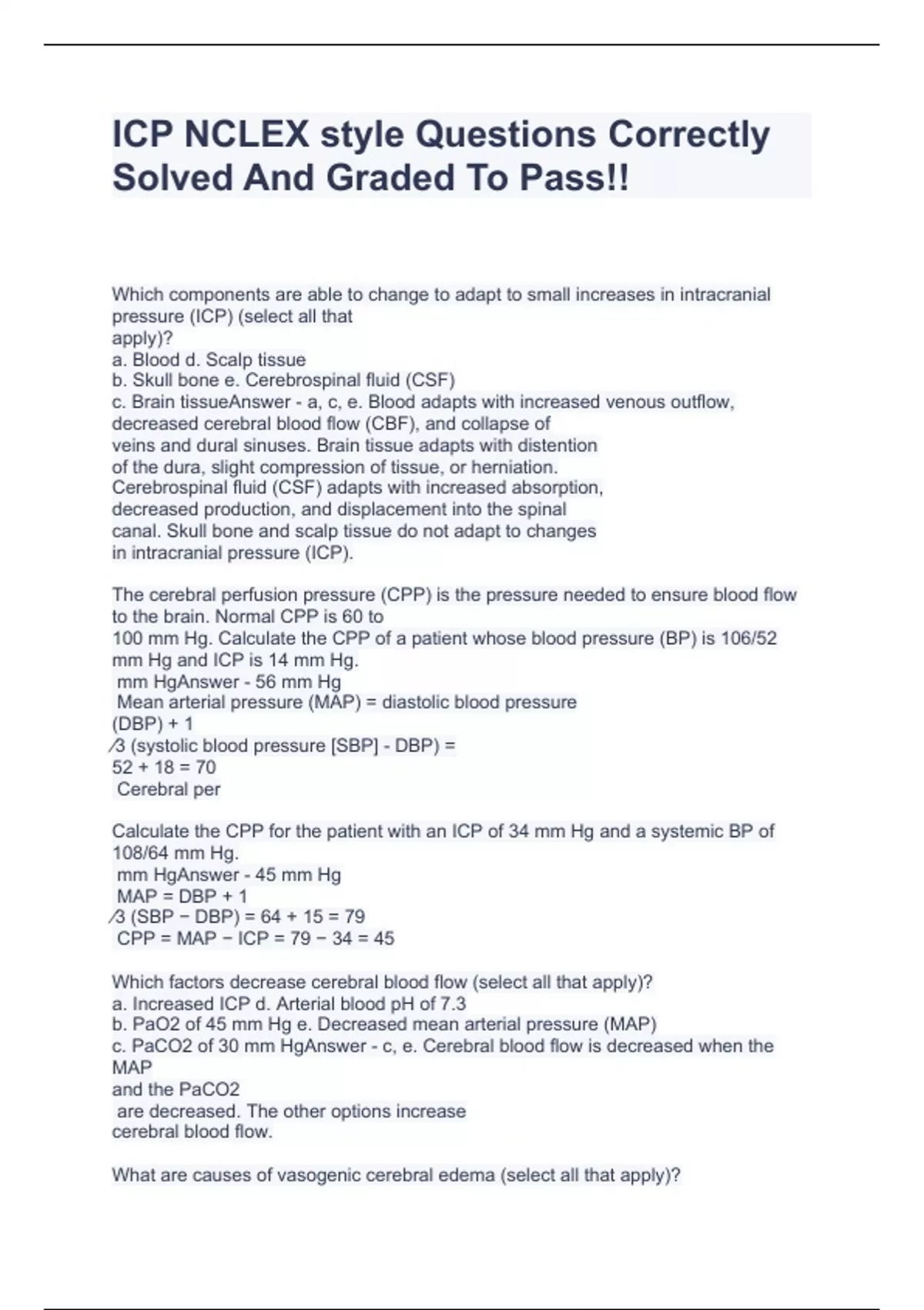 ICP NCLEX style Questions Correctly Solved And Graded To Pass!! - ICP ...