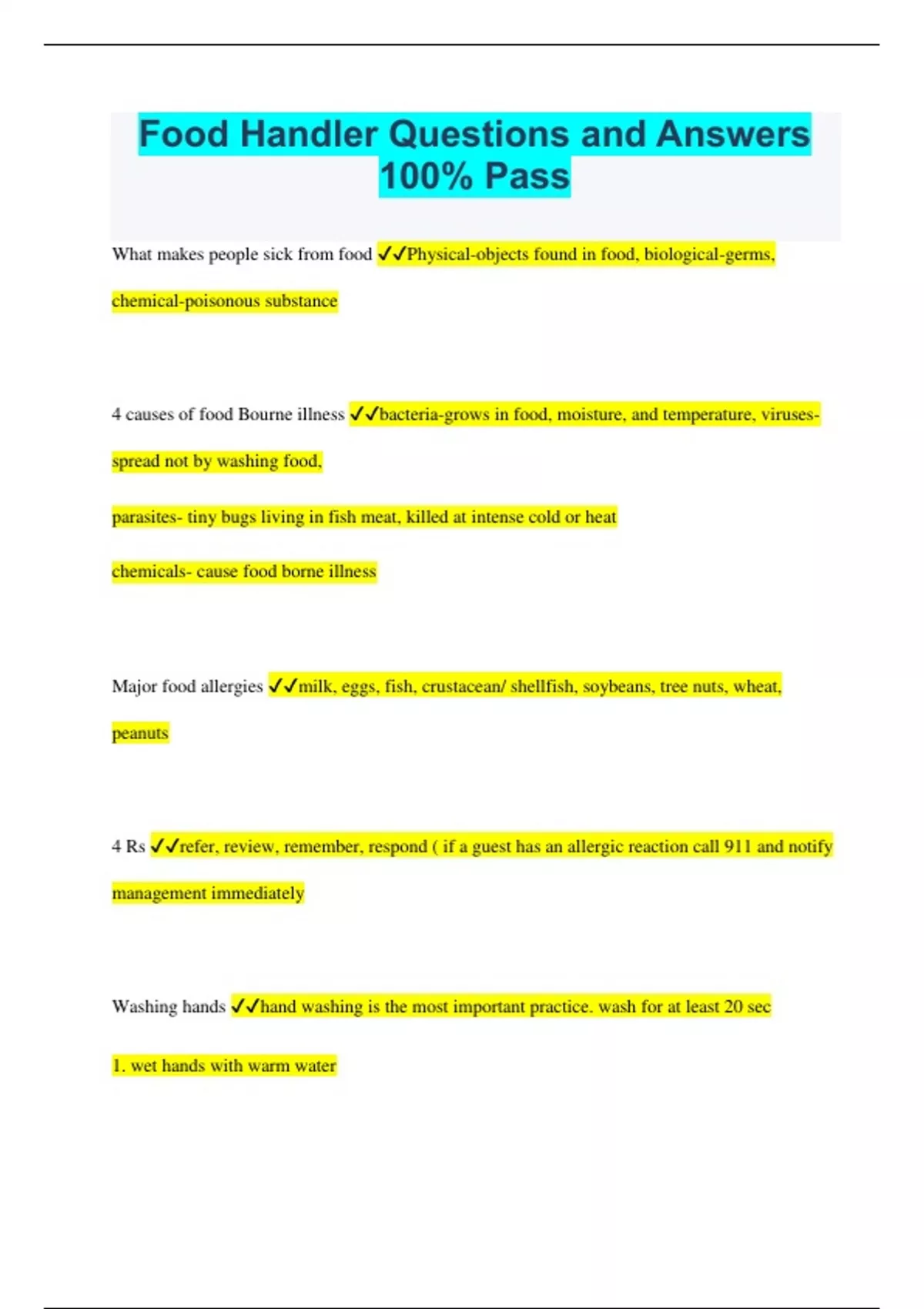 Food Handler Questions and Answers 100% Pass - Food handlers - Stuvia US