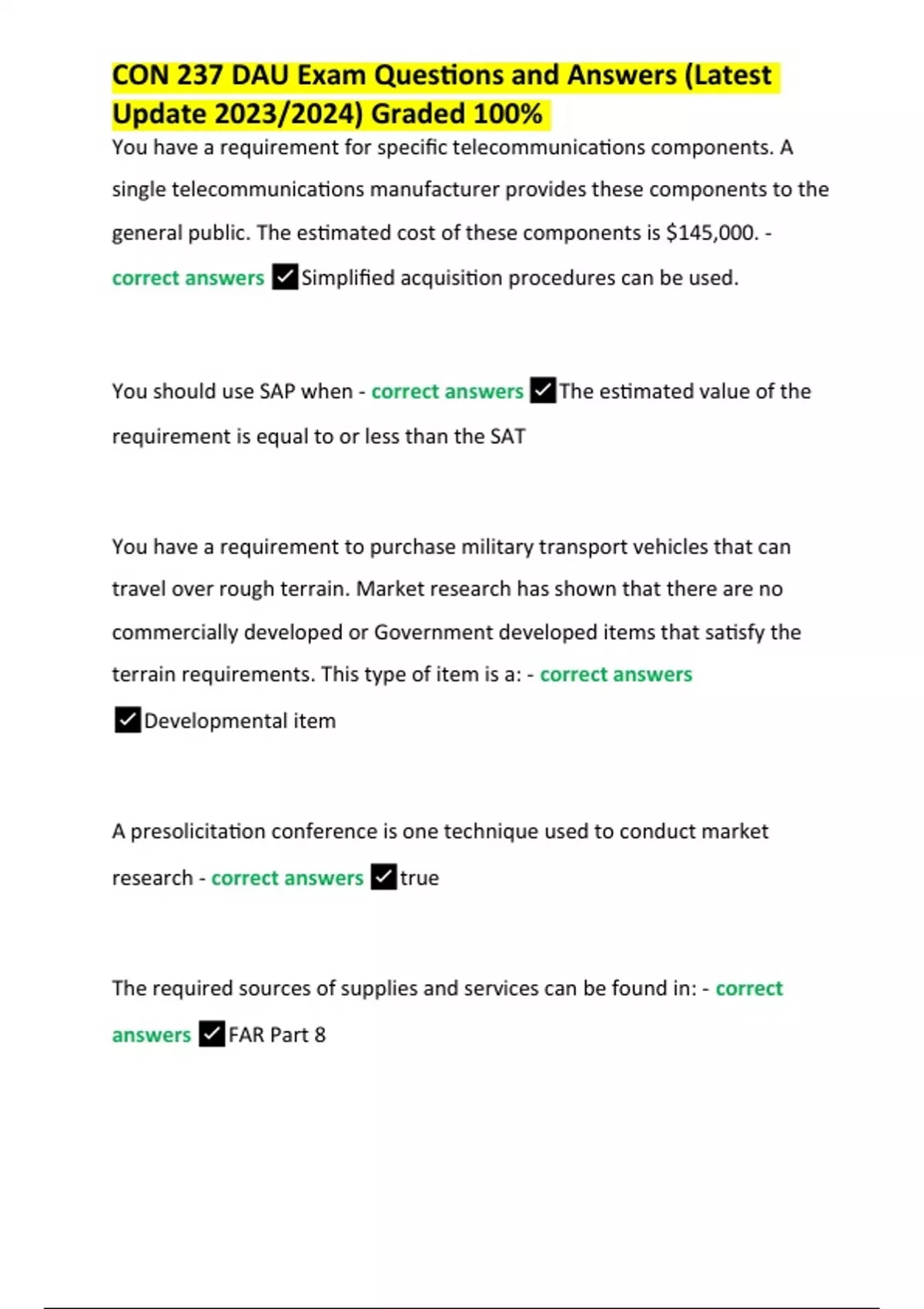 CON 2370 Simplified Acquisition Procedures, Exam Practice Questions ...
