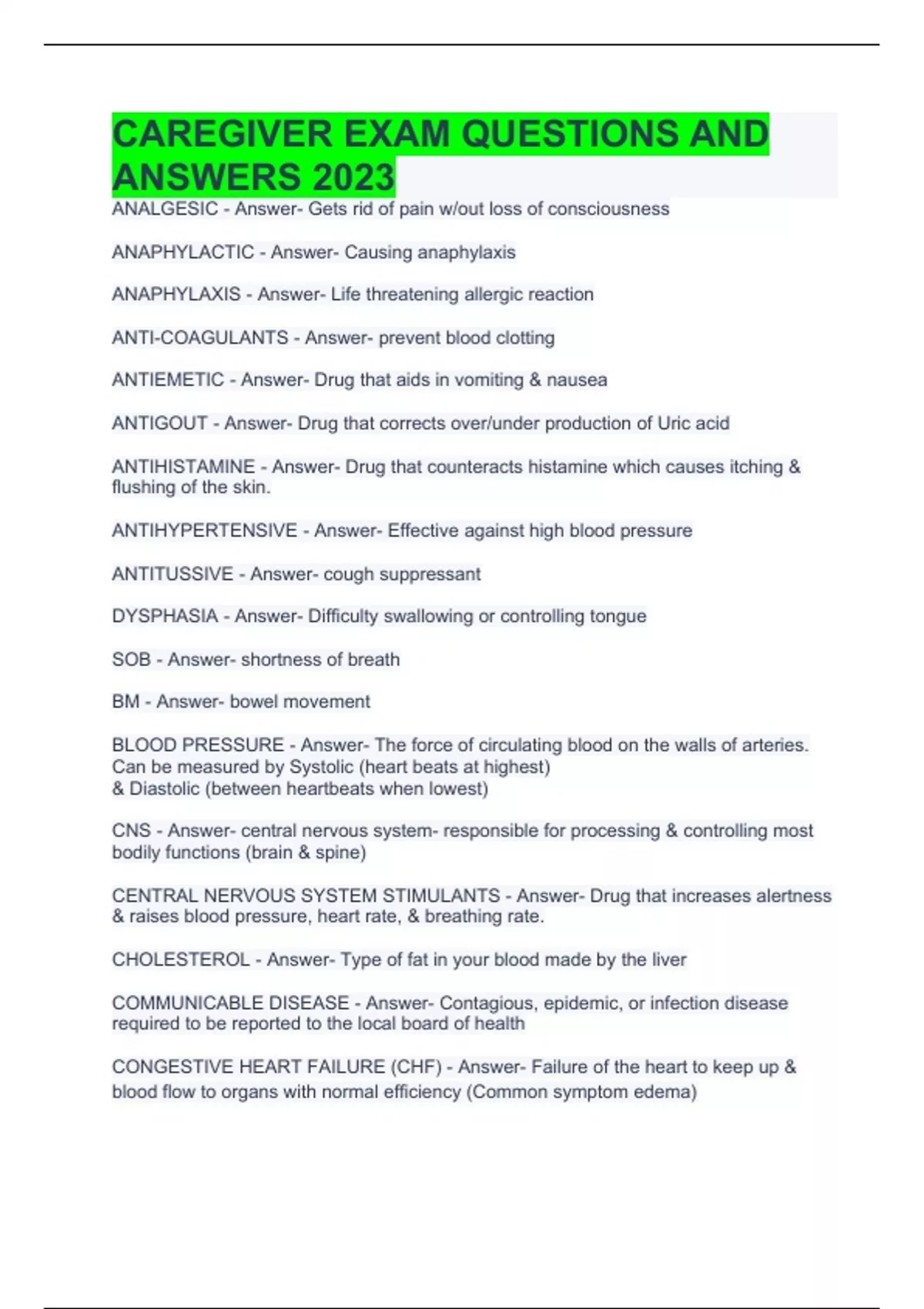 CAREGIVER EXAM QUESTIONS AND ANSWERS 2023 - CAREGIVER - Stuvia US