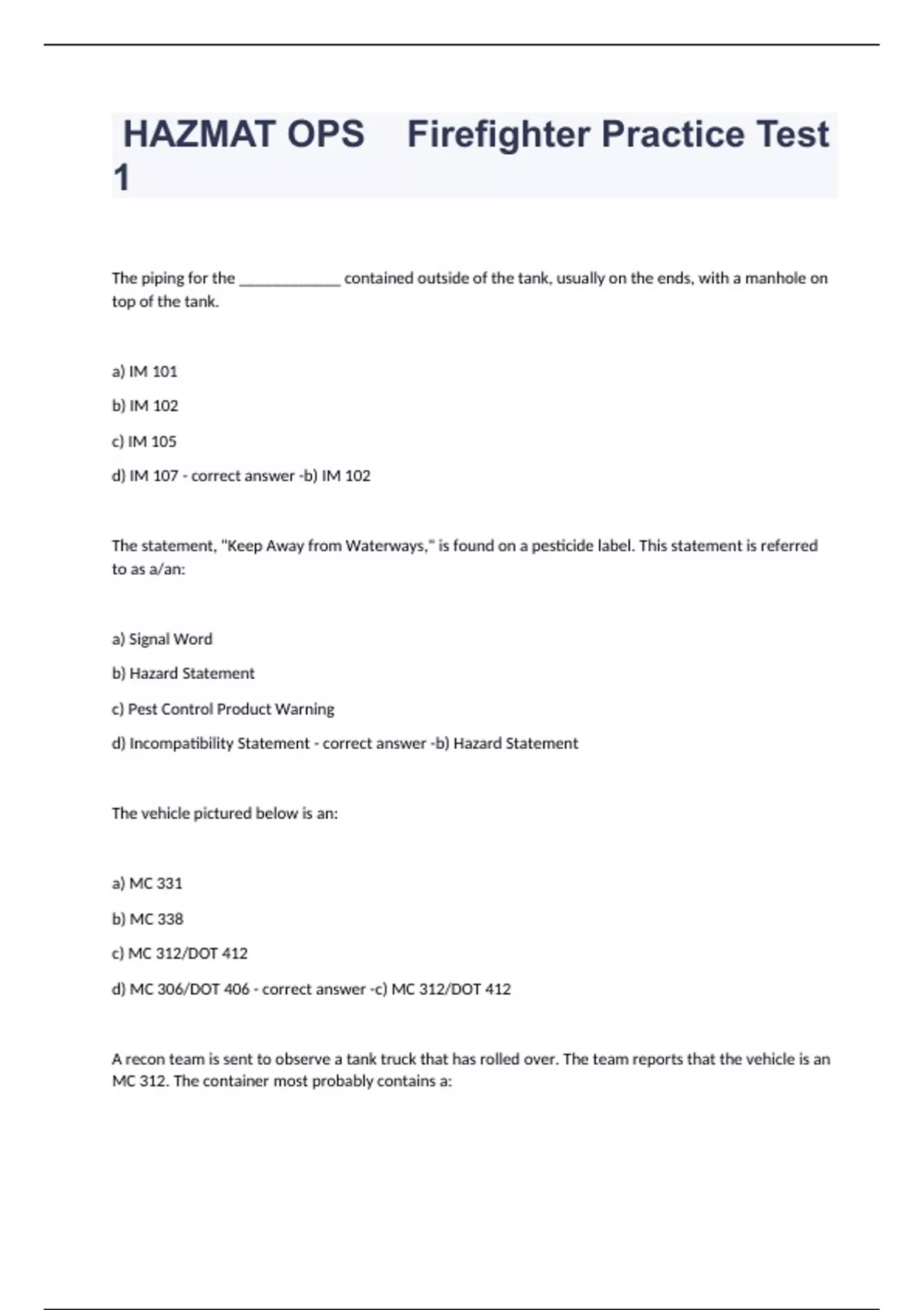 HAZMAT OPS Firefighter Practice Test 1 exam 2023 with 100% correct ...