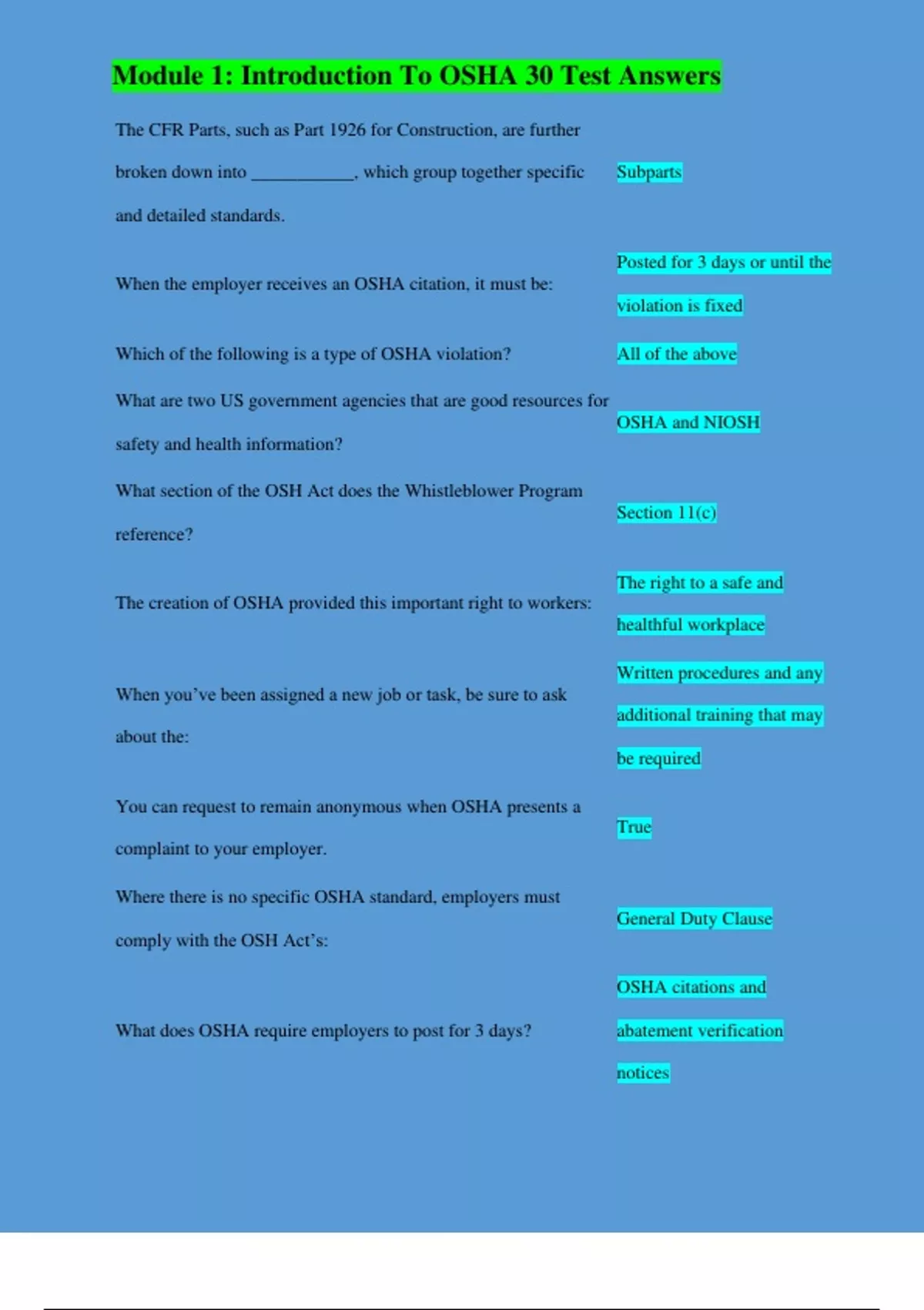 Module 1: Introduction To OSHA 30 Test questions with correct Answers ...