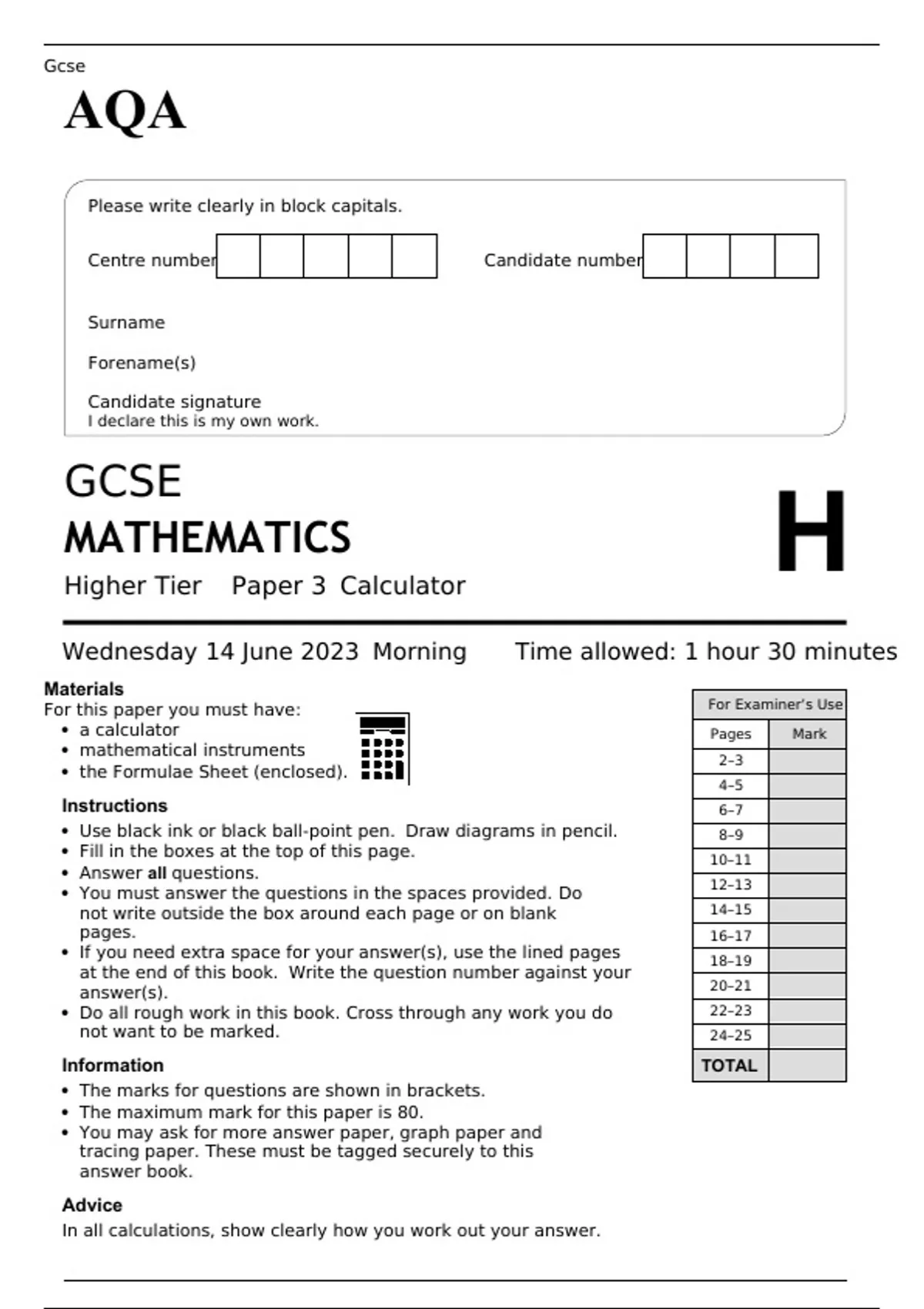 AQA GCSE MATHEMATICS Higher Tier Paper 3 JUNE 2023 QUESTION PAPER ...