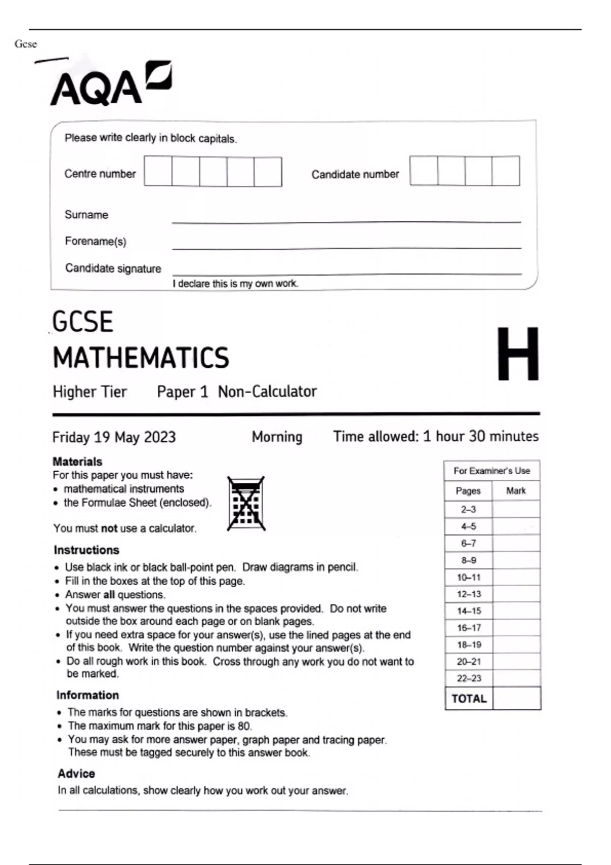 AQA GCSE MATHEMATICS Higher Tier Paper 1 Non-Calculator JUNE 2023 ...