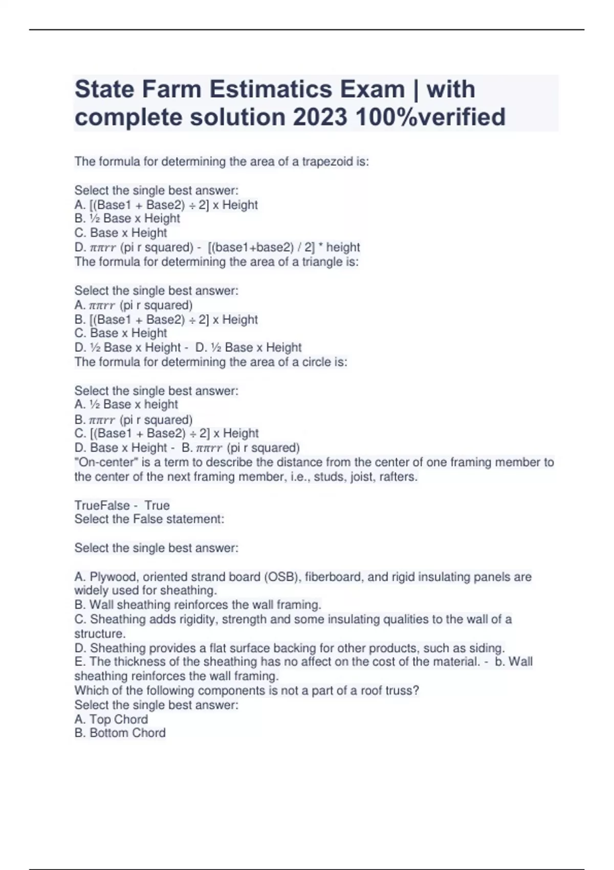 State Farm Estimatics Exam | with complete solution 2023 100%verified ...