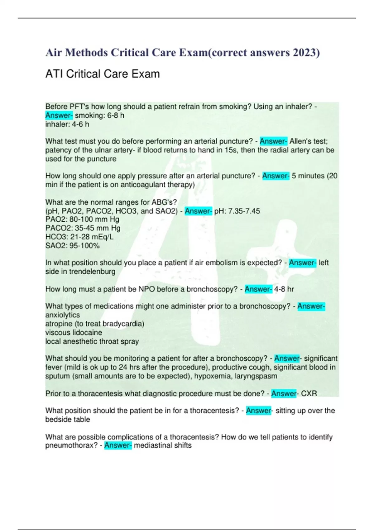 Air Methods Critical Care Exam(correct answers 2023) ATI Critical Care ...