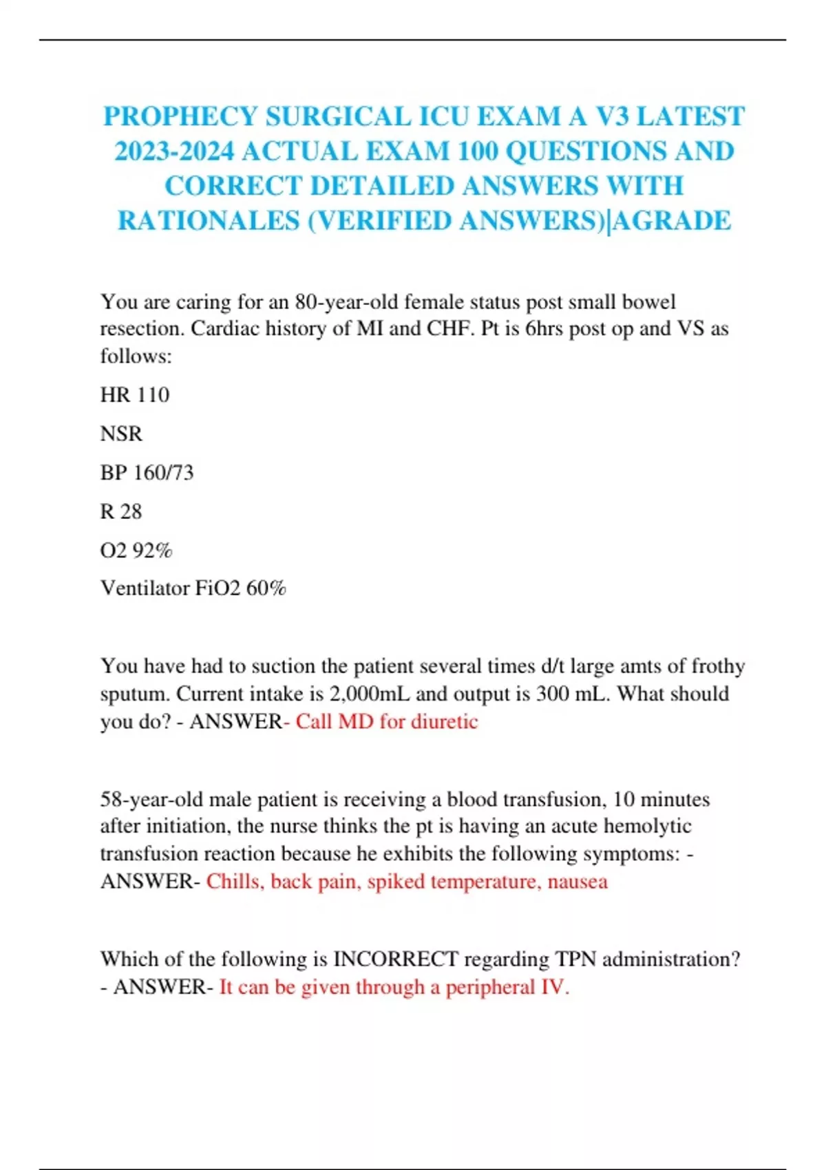 PROPHECY SURGICAL ICU EXAM A V3 LATEST ACTUAL EXAM 100 QUESTIONS AND ...