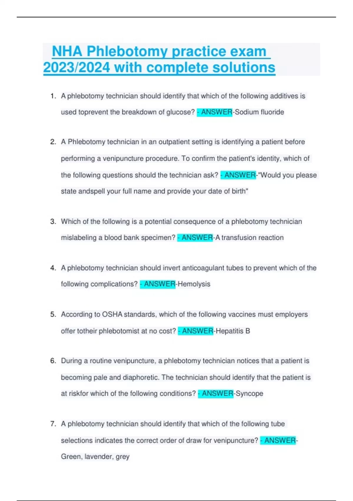 2025 Phlebotomy Practice Exam Henry R Kelly 2025 Phlebotomy Practice Exam Henry R Kelly