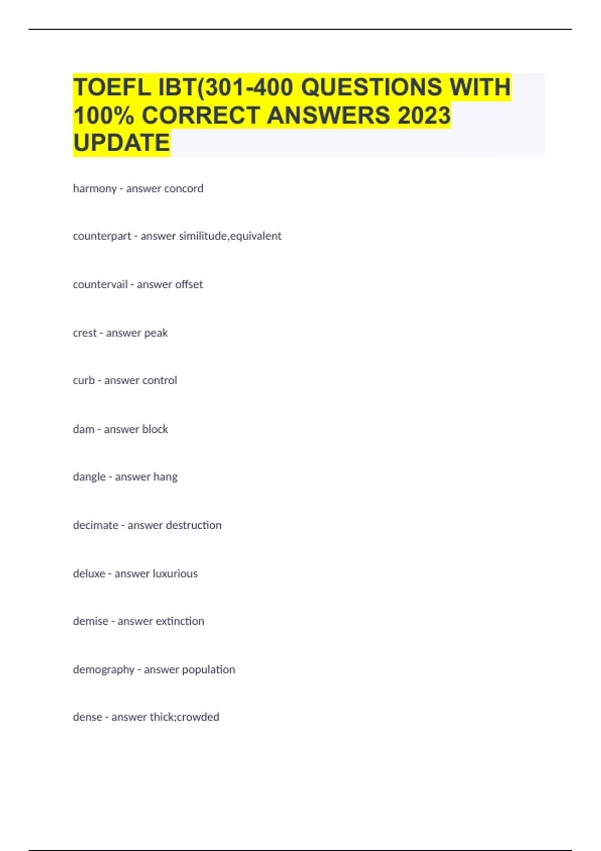 TOEFL IBT(301-400 QUESTIONS WITH 100% CORRECT ANSWERS 2023 UPDATE ...