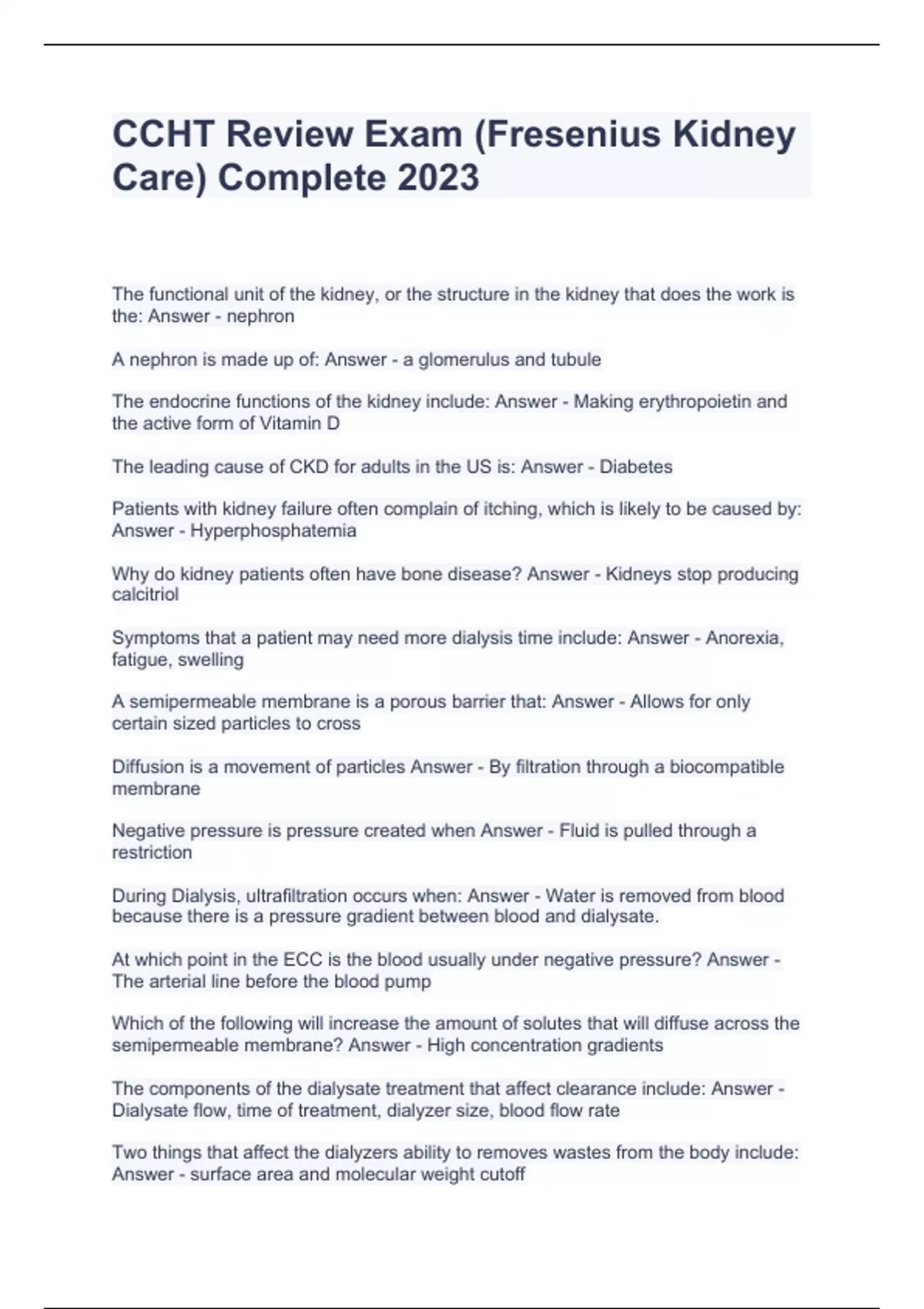 CCHT Review Exam (Fresenius Kidney Care) Complete 2023 - Fresenius CCHT ...