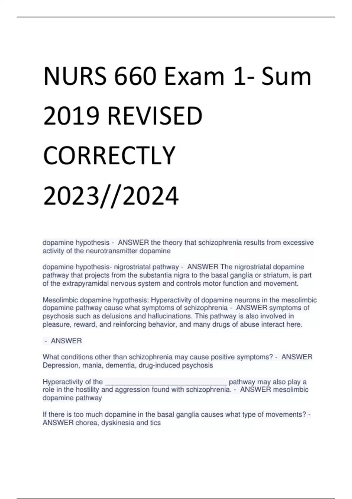 BUNDLE FOR NURS 660 SUM 2019 Exam 1 Stahl s Ch 5 - schizophrenia: pathways, sympts, anatomy ...