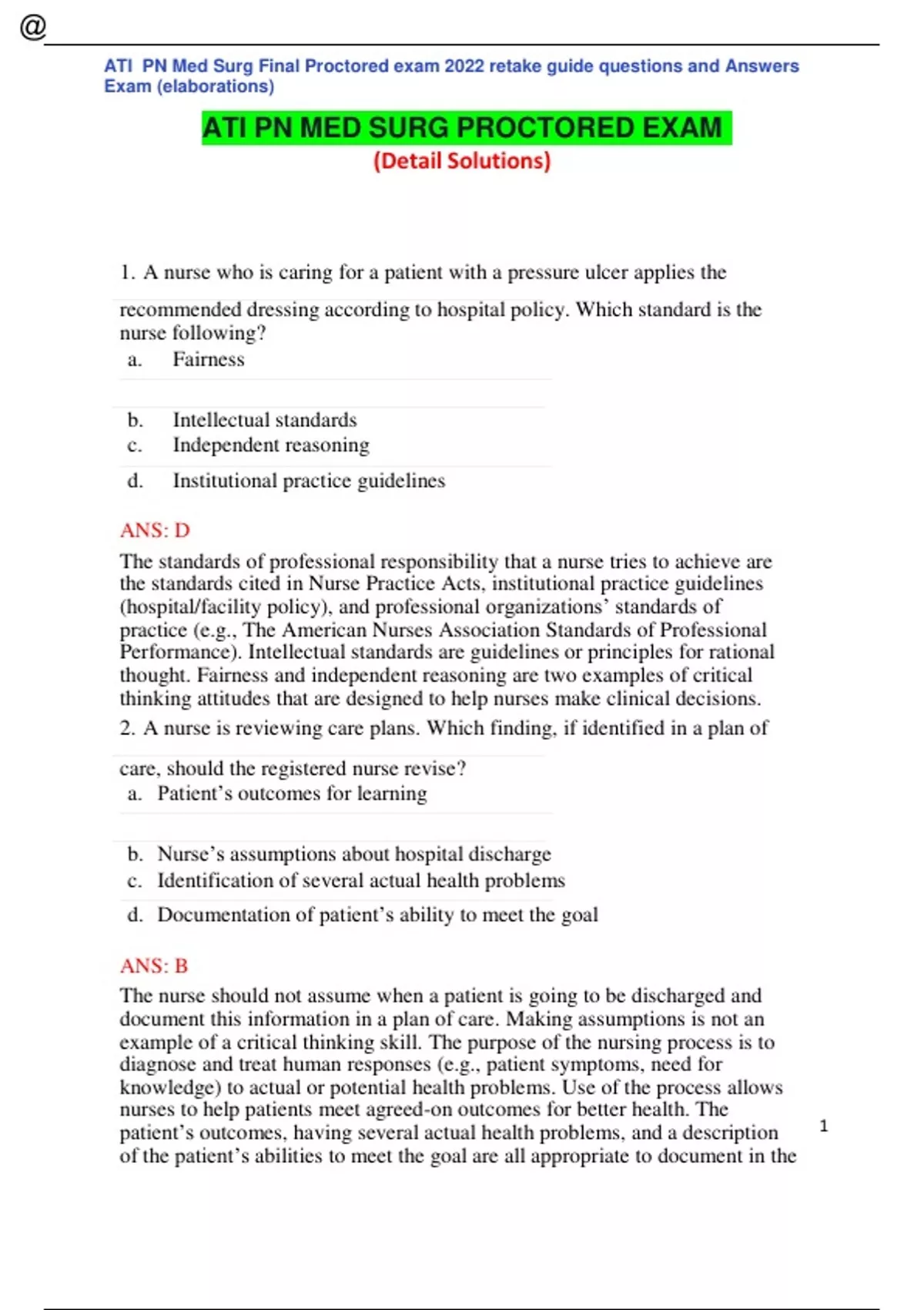ATI PN Med Surg Final Proctored exam 2022 retake guide questions and Answers Exam (elaborations ...