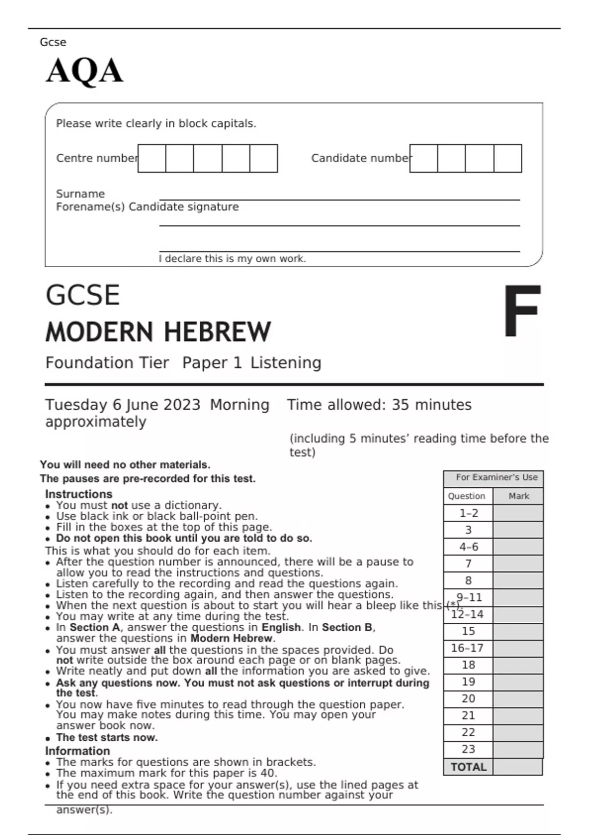 AQA GCSE MODERN HEBREW Foundation Tier Paper 1 JUNE 2023 QUESTION PAPER ...