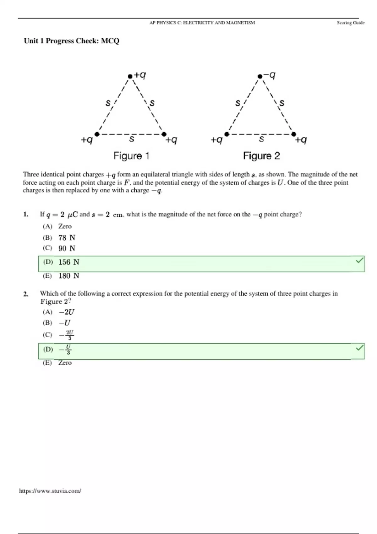 AP PHYSICS C ELECTRICITY AND MAGNETISM Unit 1 Progress Check MCQ and ...
