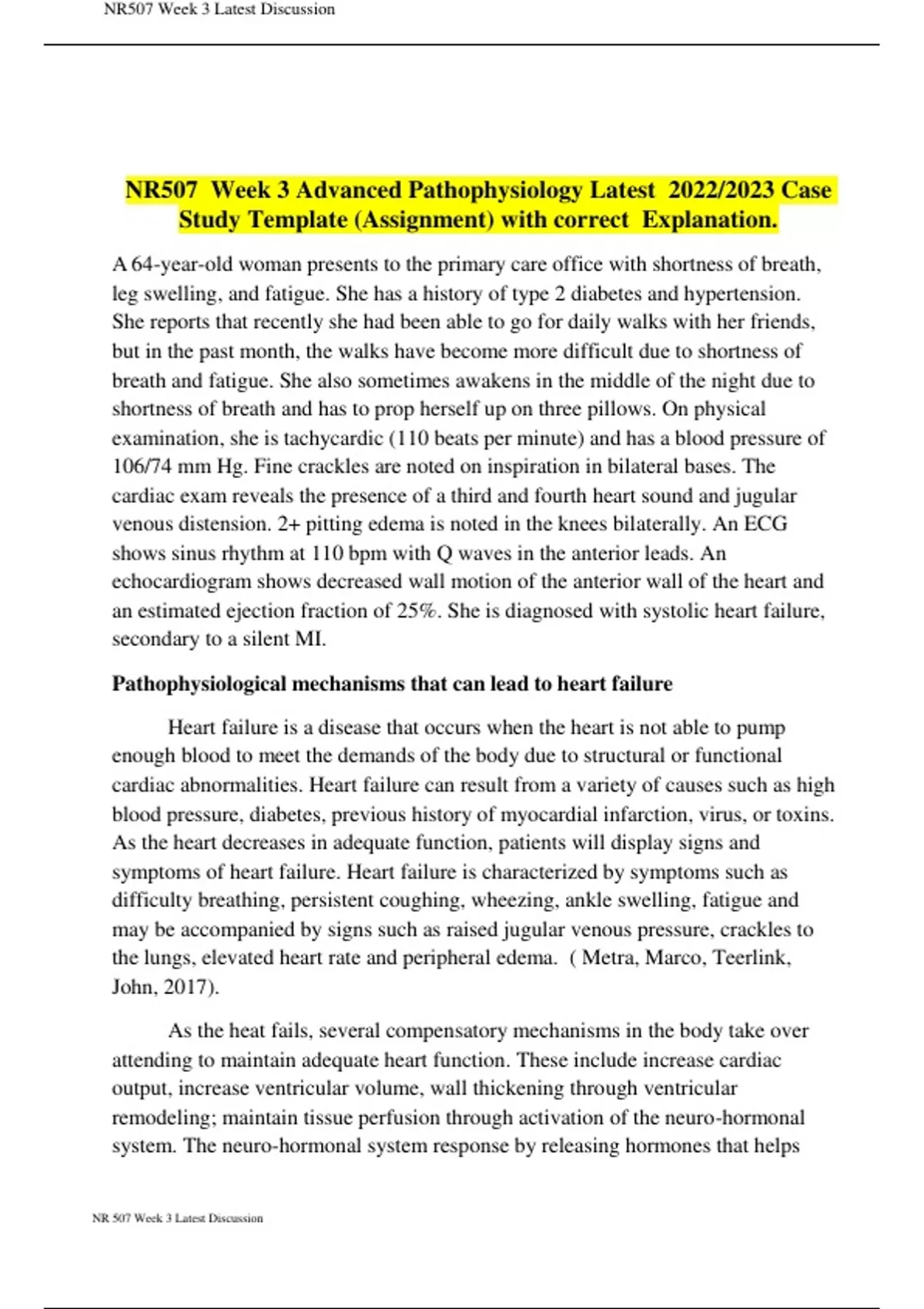 NR507 Week 3 Advanced Pathophysiology Latest 2022/2023 Case Study ...