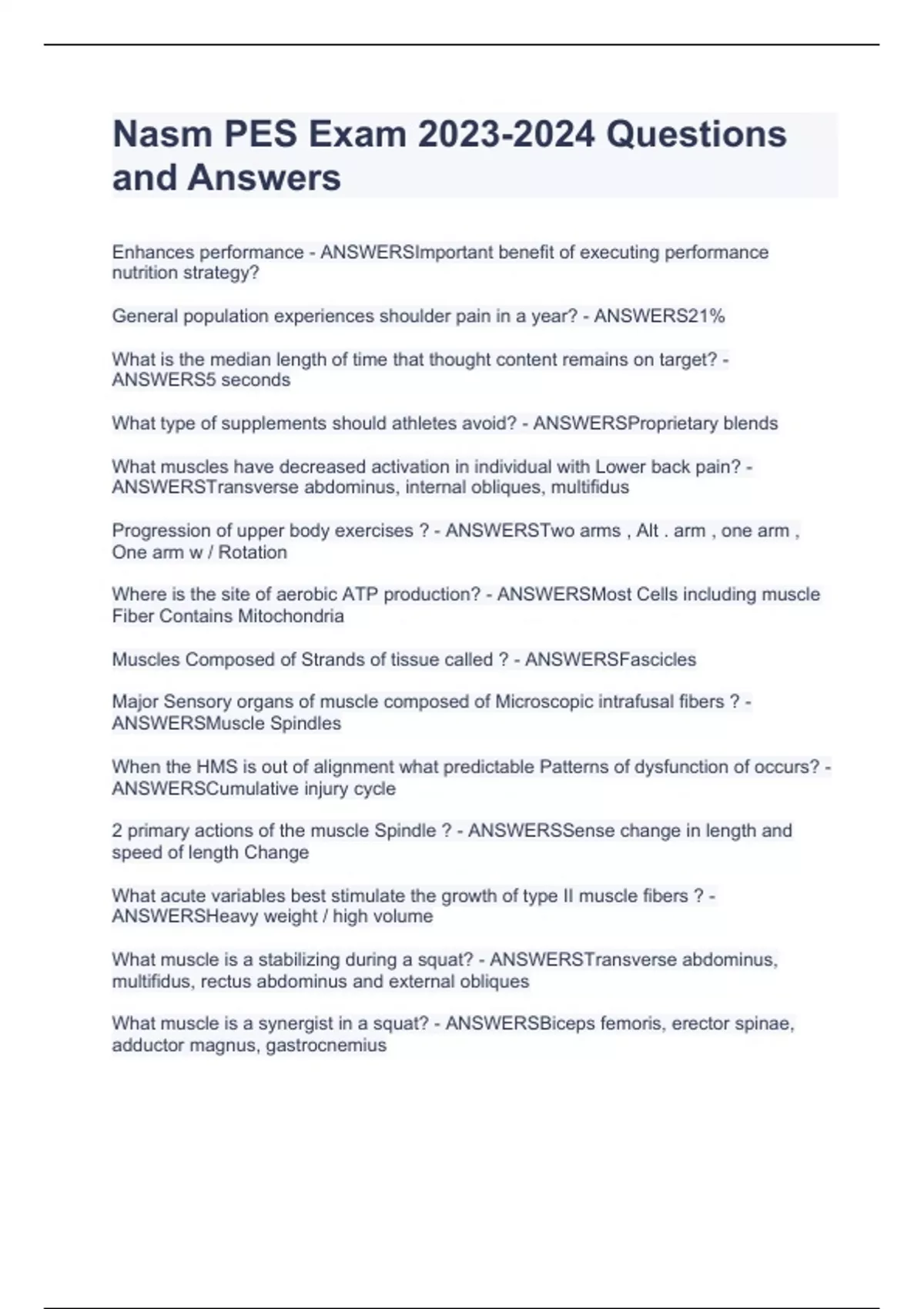 Nasm PES Exam Questions and Answers - Nasm - Stuvia US