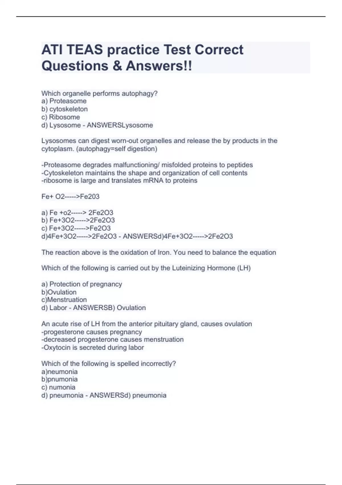 ATI TEAS practice Test Correct Questions & Answers!! - ATI TEAS - Stuvia US