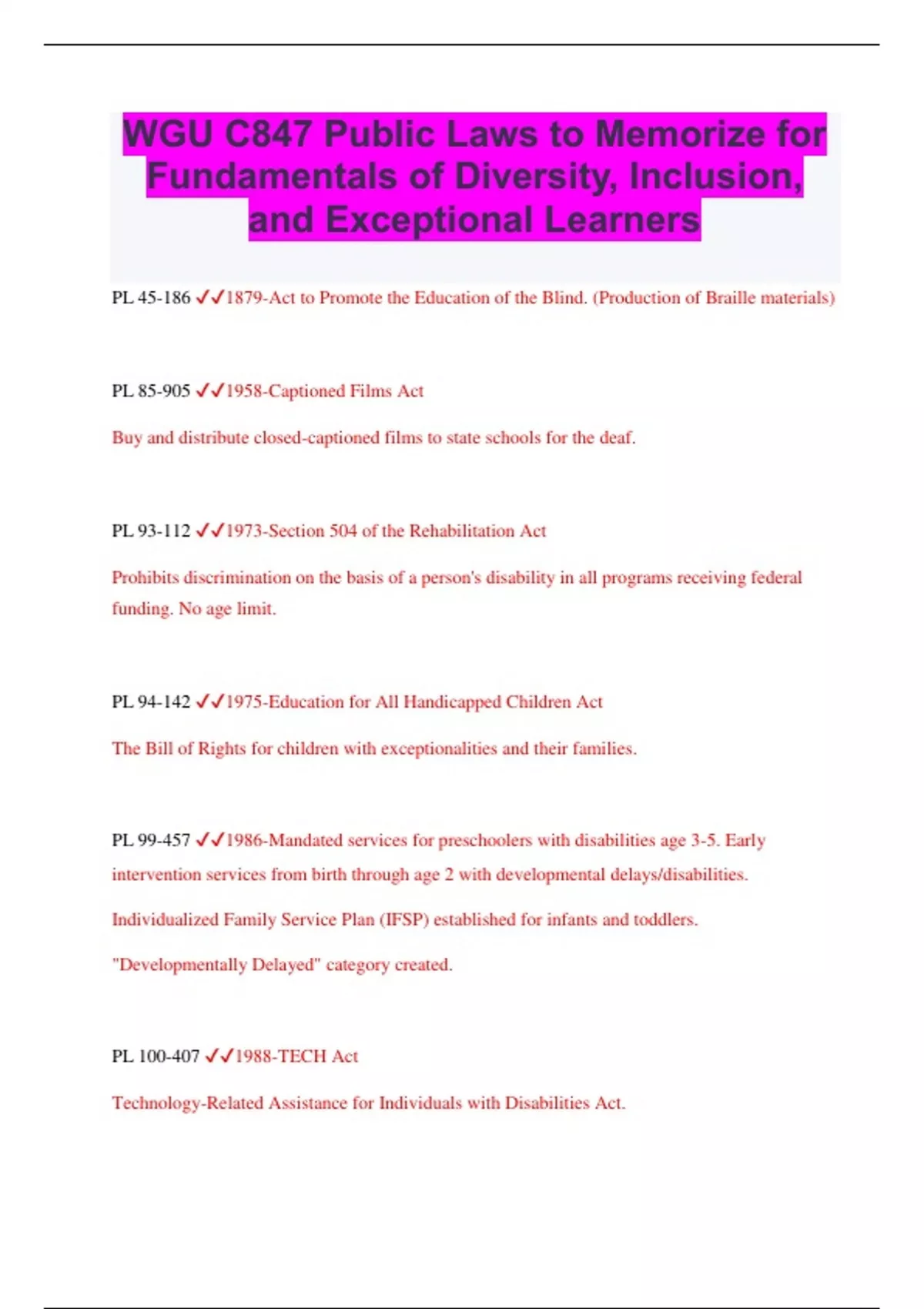 WGU C847 Public Laws to Memorize for Fundamentals of Diversity, Inclusion, and Exceptional ...