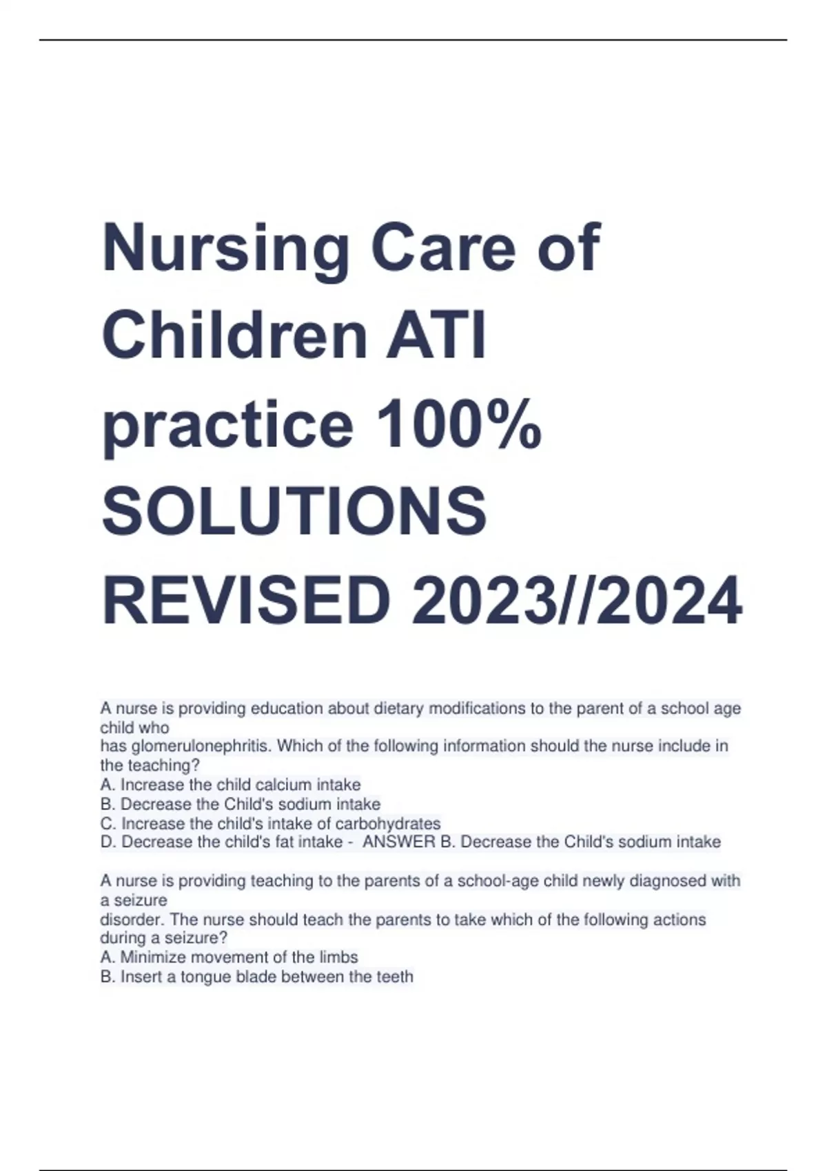Nursing Care of Children ATI practice 100% SOLUTIONS REVISED 2023//2024 ...