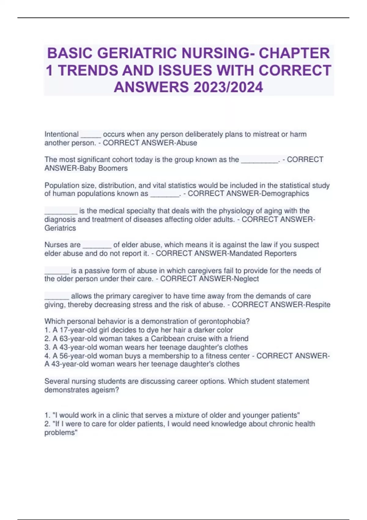 BASIC GERIATRIC NURSING- CHAPTER 1 TRENDS AND ISSUES WITH CORRECT ...