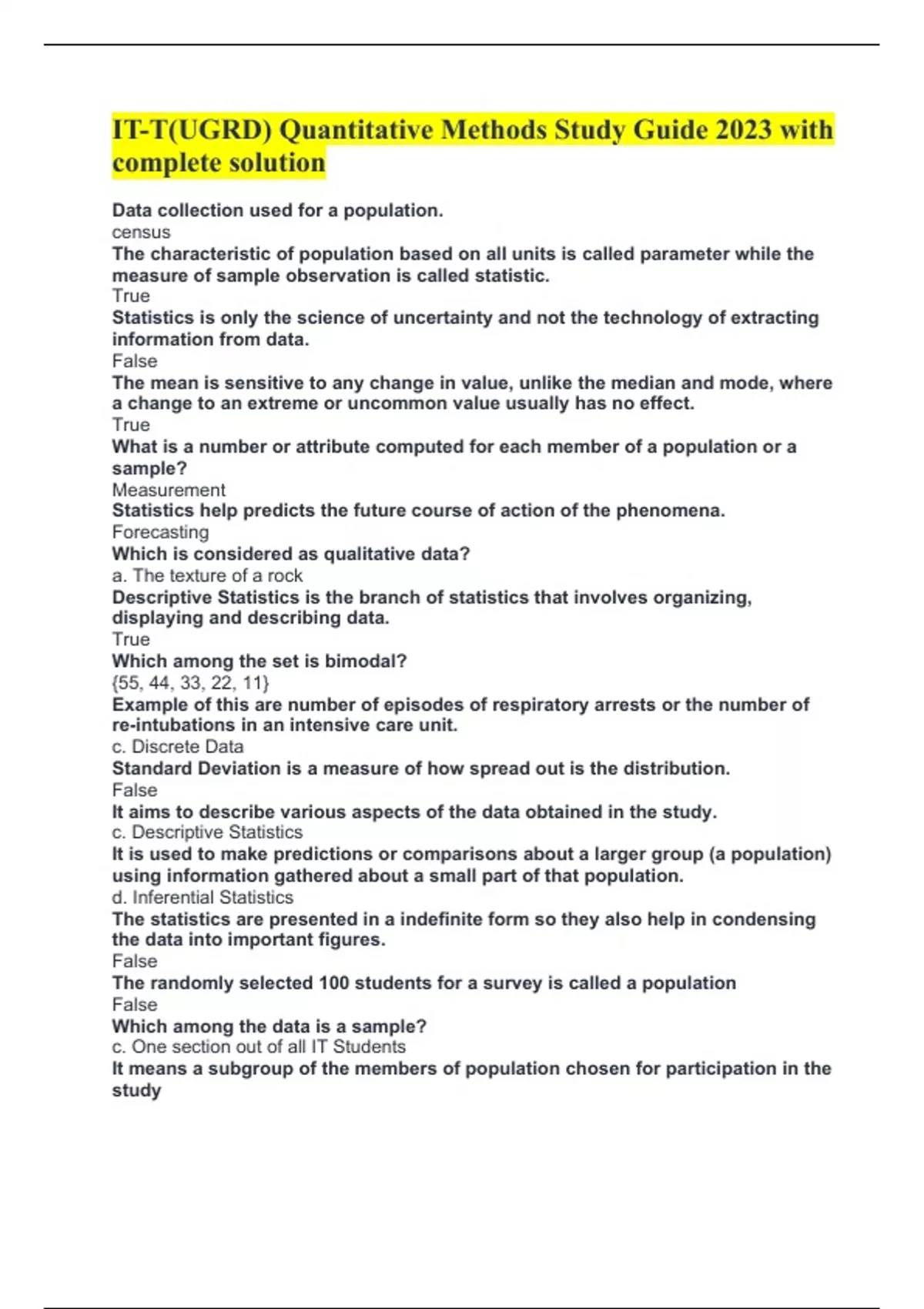 IT-T(UGRD) Quantitative Methods Study Guide 2023 with complete solution - IT-T Quantitative ...