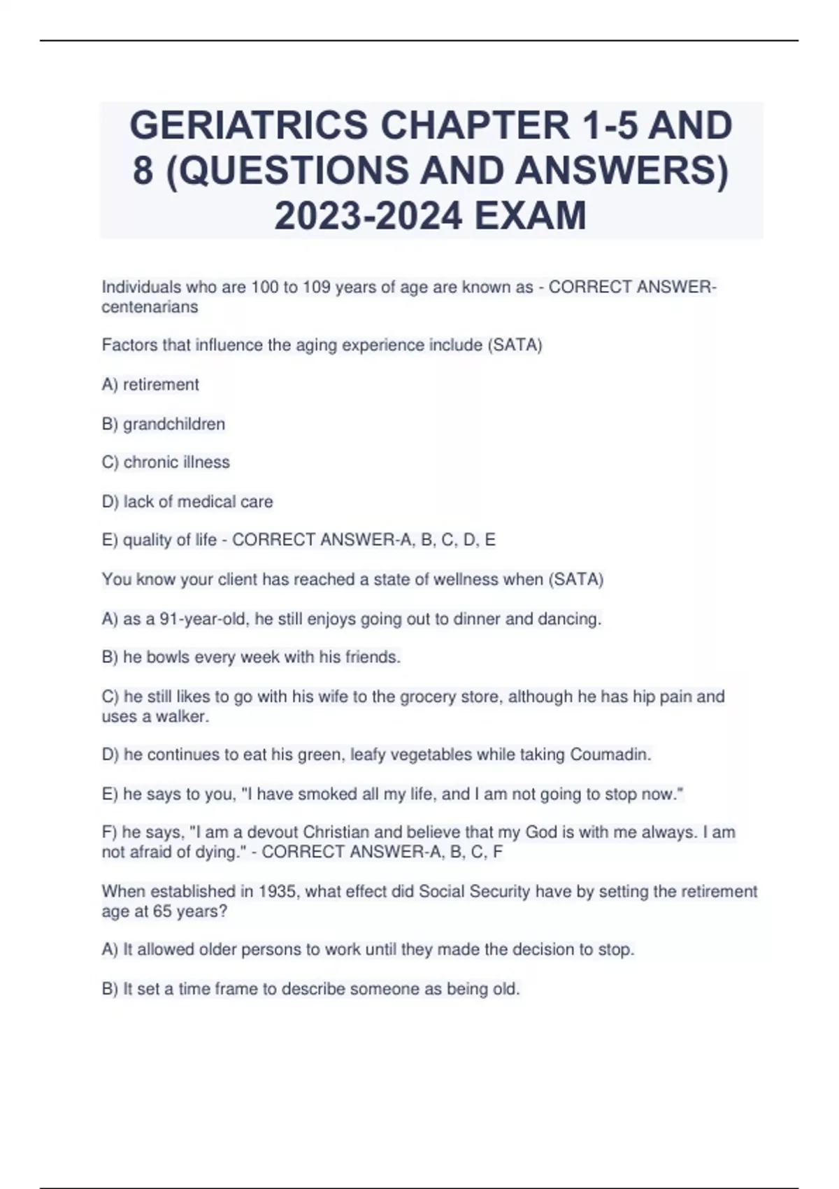 GERIATRICS CHAPTER 1-5 AND 8 (QUESTIONS AND ANSWERS) EXAM - GERIATRICS ...