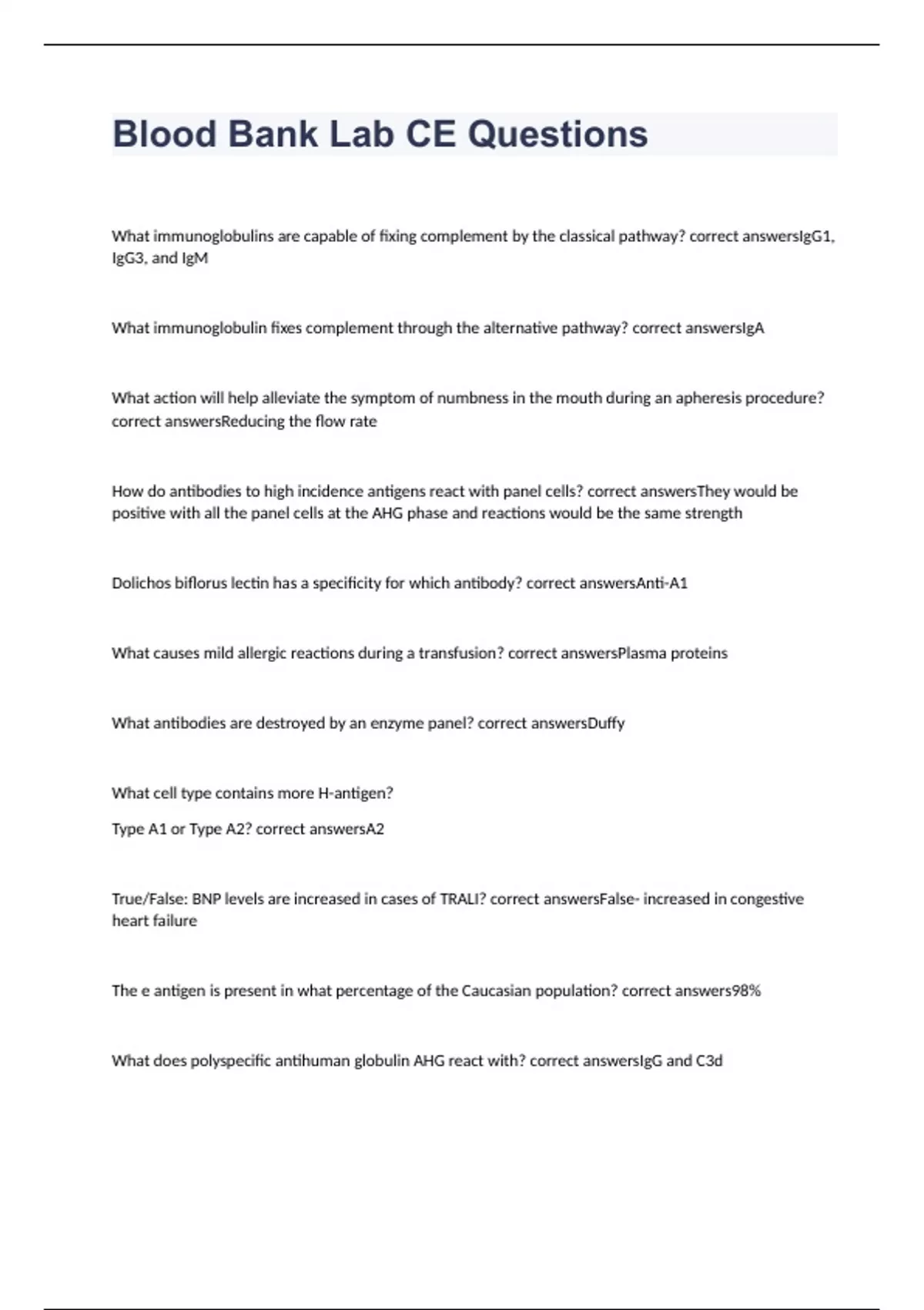 Blood Bank Lab CE Questions & Answers 2023 (100% correct) - Blood Bank ...