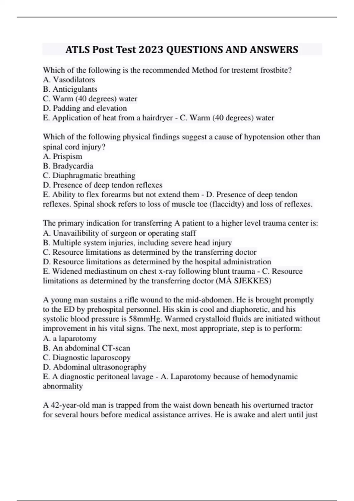ATLS Post Test 2023 QUESTIONS AND ANSWERS Advanced Life Support ATLS