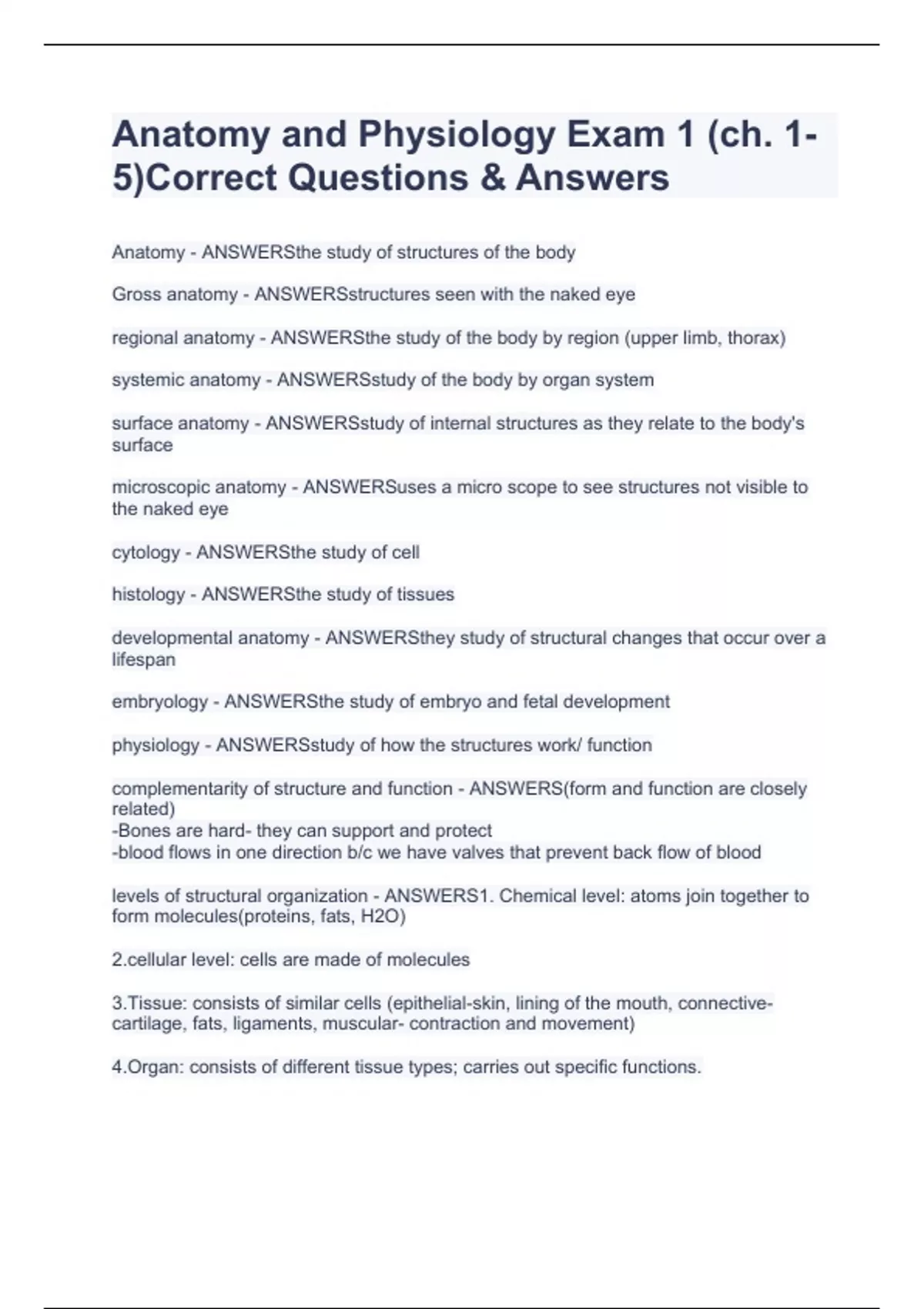 Anatomy and Physiology Exam 1 (ch. 1-5)Correct Questions & Answers ...