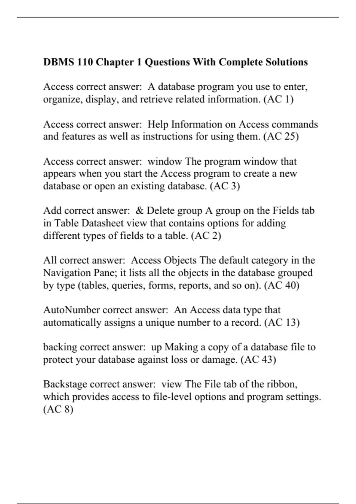 DBMS 110 Chapter 1 Questions With Complete Solutions - DBMS 110 - Stuvia US