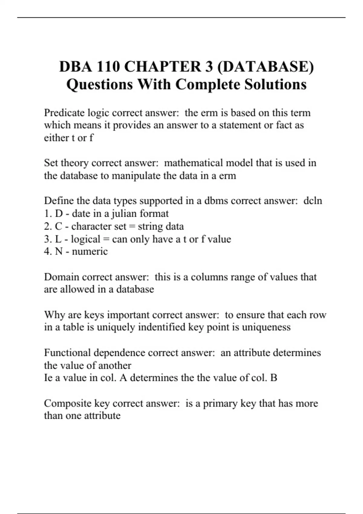 DBA 110 CHAPTER 3 (DATABASE) Questions With Complete Solutions - DBMS 110 - Stuvia US